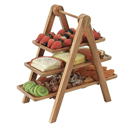 Wooden Tiered Serving Tray Wood 3 Tier Trays Stand Rectangular Cupcake Platters Collapsible Detachable Dessert Cake for Fruit Appetizers Tea Party Entertaining Food Buffet Wedding Farmhouse Decorative