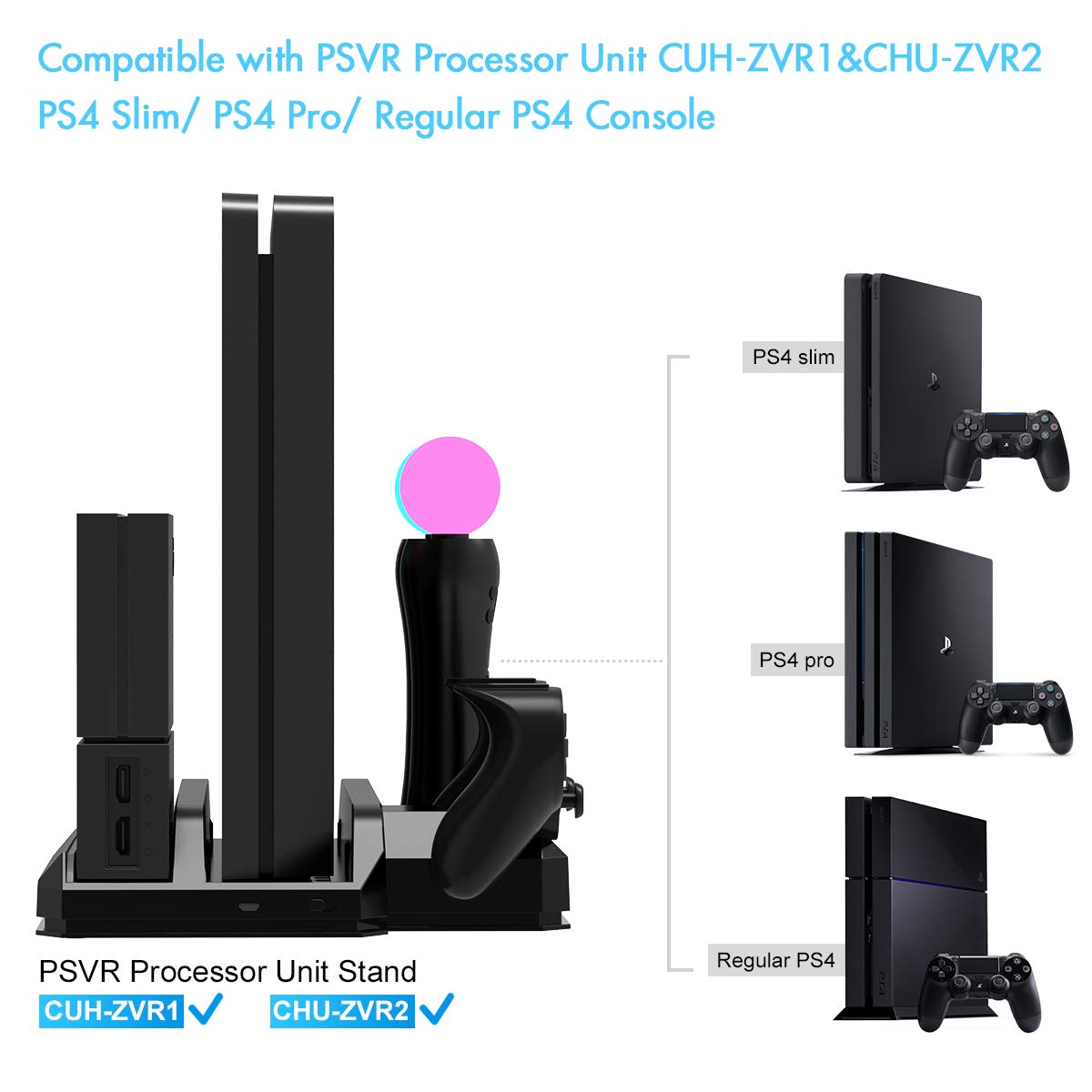 Kootek Charging Stand with Cooling Fan for Playstation VR Move Motion Controllers, Fit for PS4 Slim / PRO / Regular PS4 Console with DualShock 4 Wireless Controller EXT Port Charger ( CUH-ZVR2 & 1 )