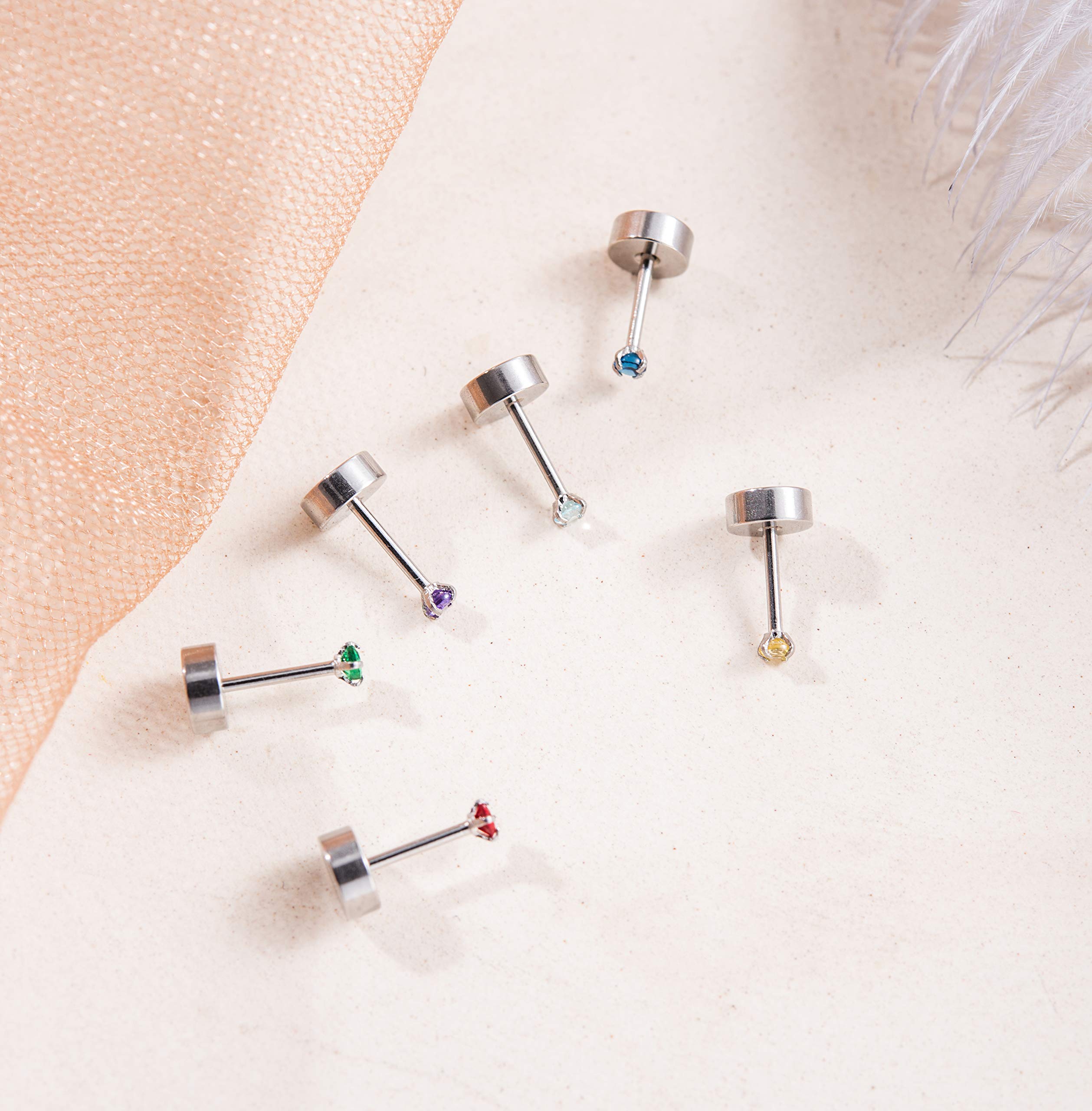 Masedy 15 Pairs 20G 316L Stainless Steel CZ Stud Earrings for Women Men Cartilage Screwback Earring Set 2mm