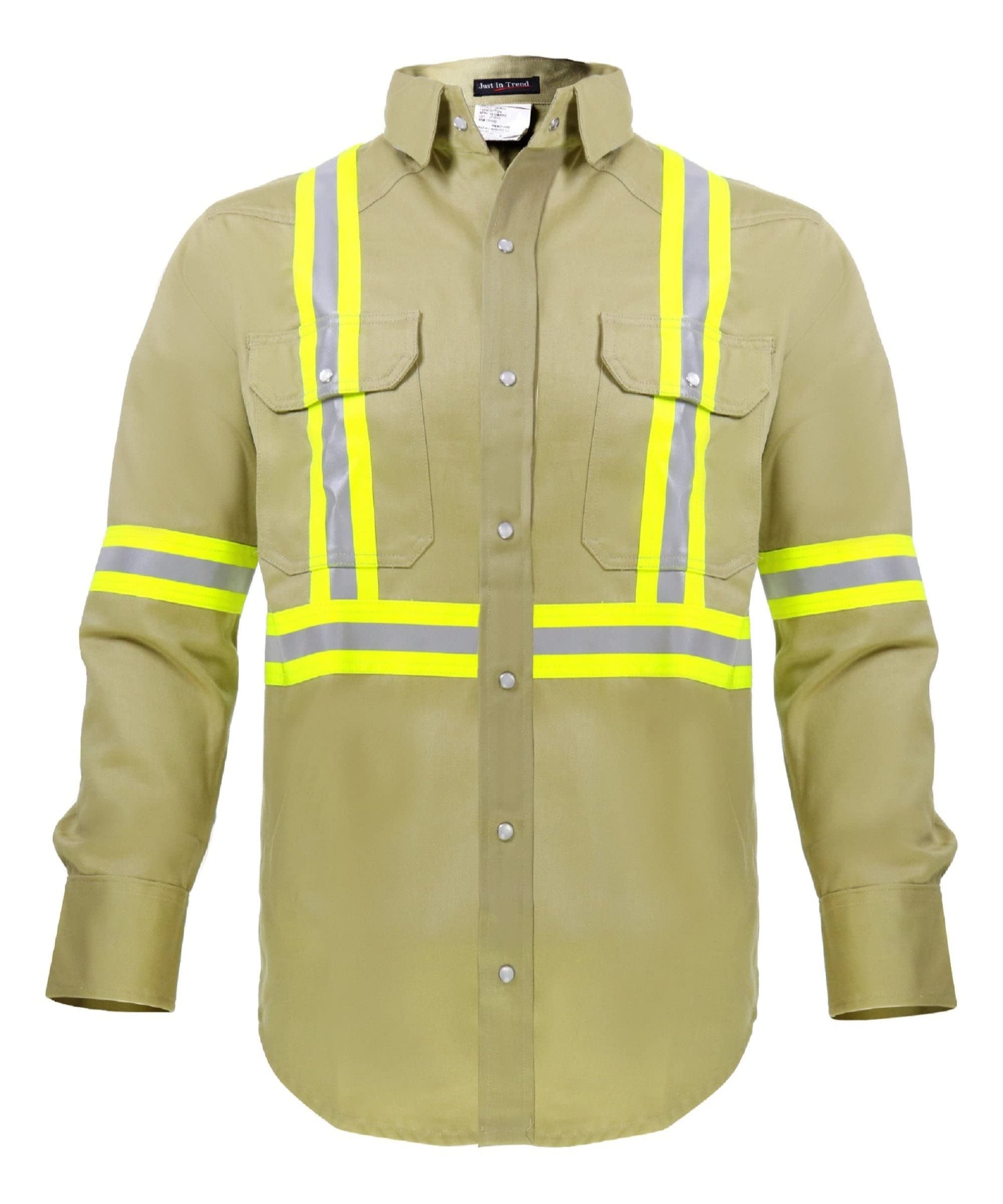 Just In Trend Flame Resistant High Visibility Hi Vis Shirt - 100% C - 7 oz (4X-Large, Khaki)