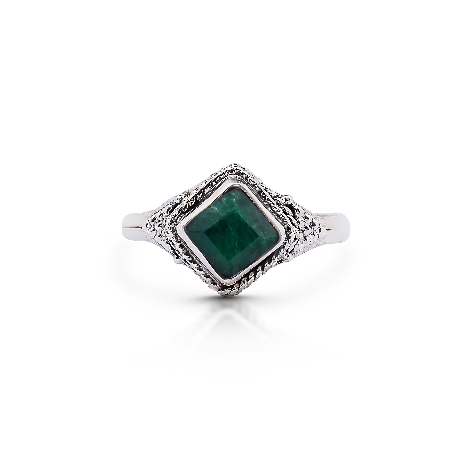 Koral Jewelry Created Emerald Vintage Gipsy Small Ring 925 Sterling Silver Square Stone Boho Chic US Size 5 6 7 8 9 (6)