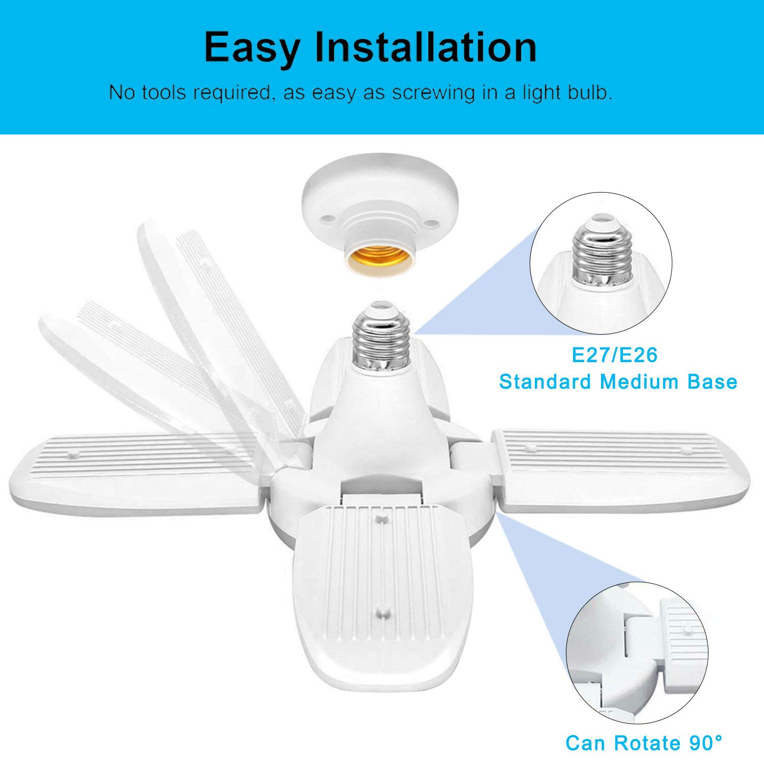 LED Garage Lights 60W E27/E26 Deformable Led Garage Ceiling Lighting 5500LM Daylight Light Bulbs LED Shop Lights for Garage,Warehouse,Workshop,Barn,Full Area,Basement (6000K-6500K,4 Adjustable Panel)