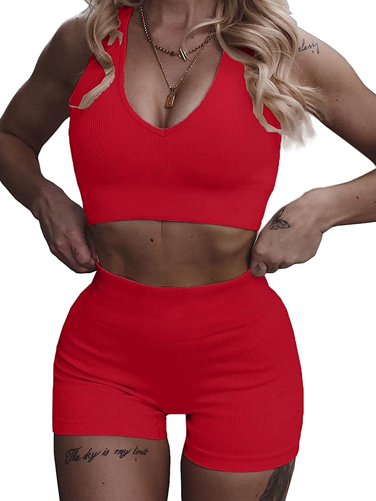 Micoson Women's Seamless Workout Set 2 Piece High Waisted Yoga Gym Shorts Outfits Running Active Crop Top Clothes Red Small