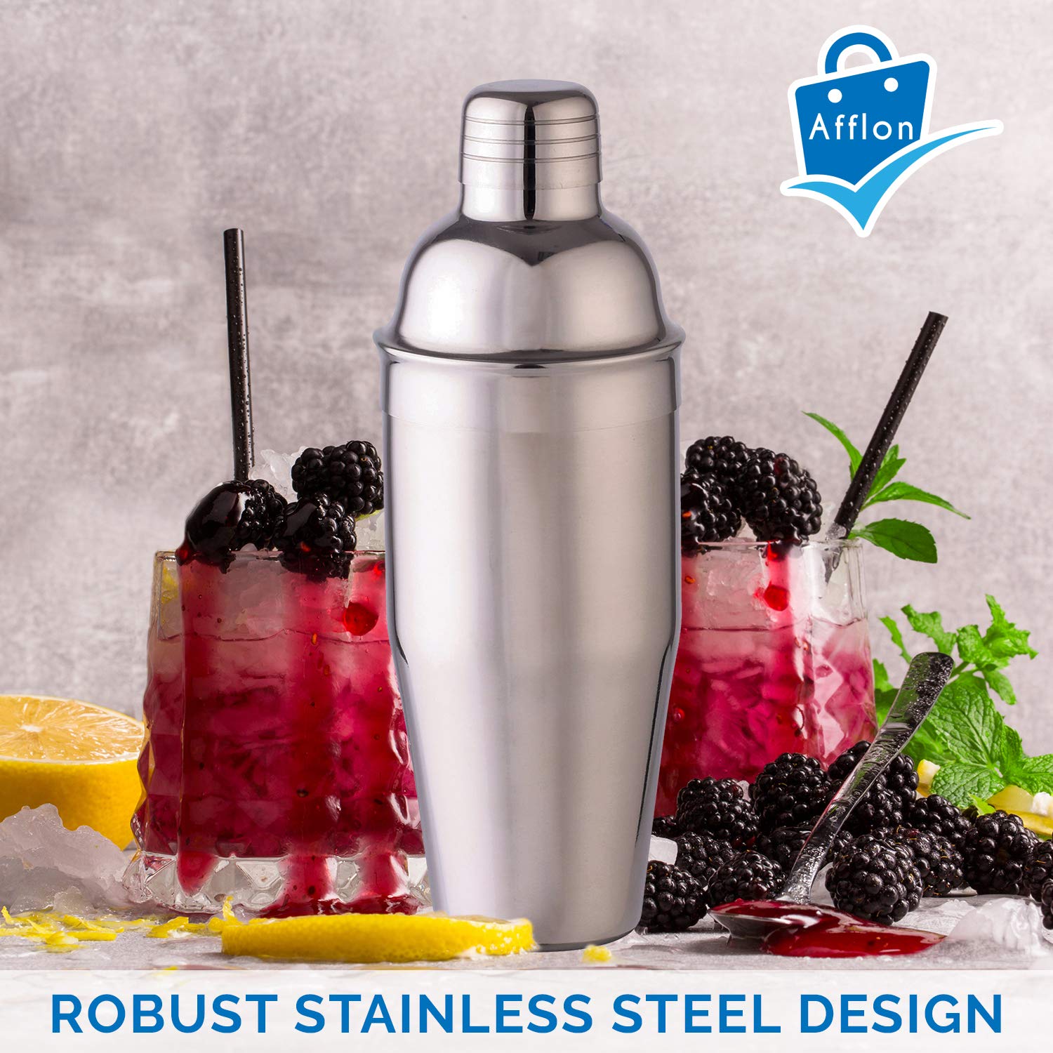 Stainless Steel Cocktail Shaker by Afflon – Professional Martini Shaker for Cocktails – 24oz Margarita Shaker - Bartender Mixer - Drink Shakers and Strainers Bar Set - Liquor Shaker