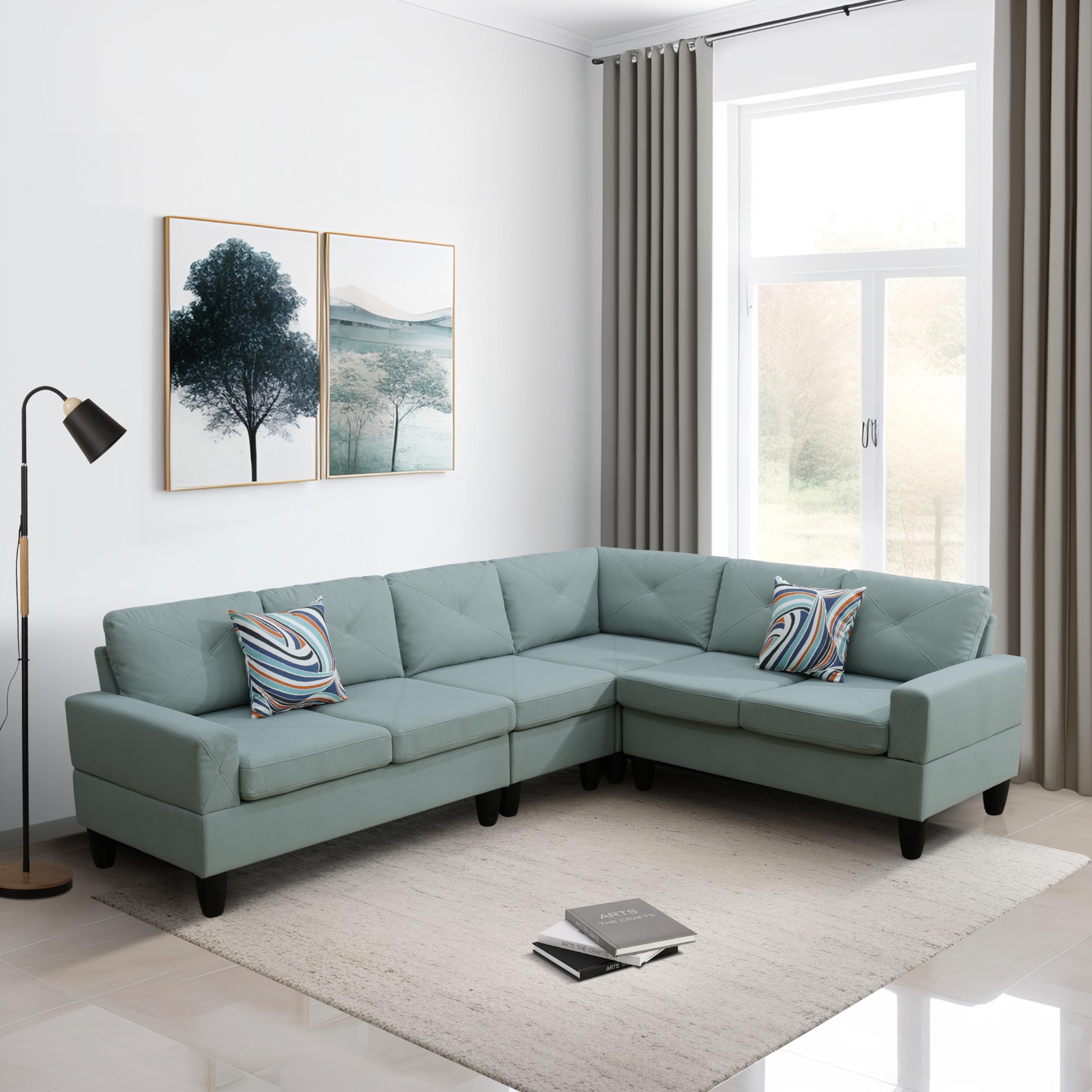 Wakefit 95.5β Reversible Sectional Sofa Couch, L Shaped Upholstered Couch Sofa with Chaise Lounge for Living Room, Breathable Fabric Corner Couch with 6 Seats & 2 Pillows, Pale Green