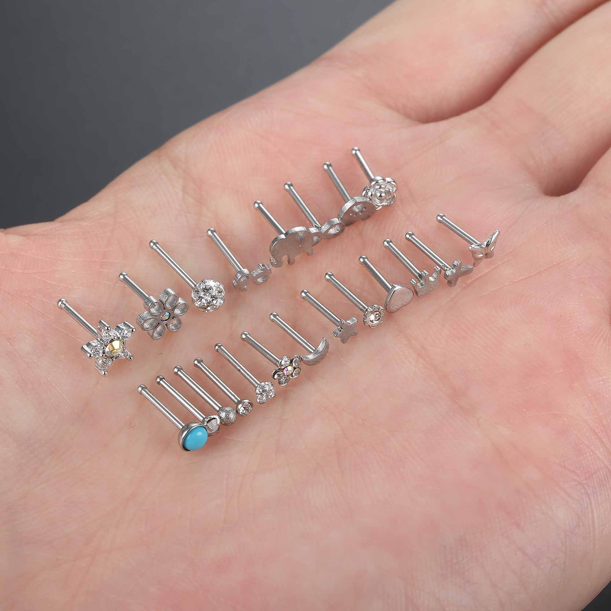 Magitaco 20G 21Pcs Nose Rings Studs Stainless Steel Bone L Screw Shaped Nose Piercing Jewelry for Women Men