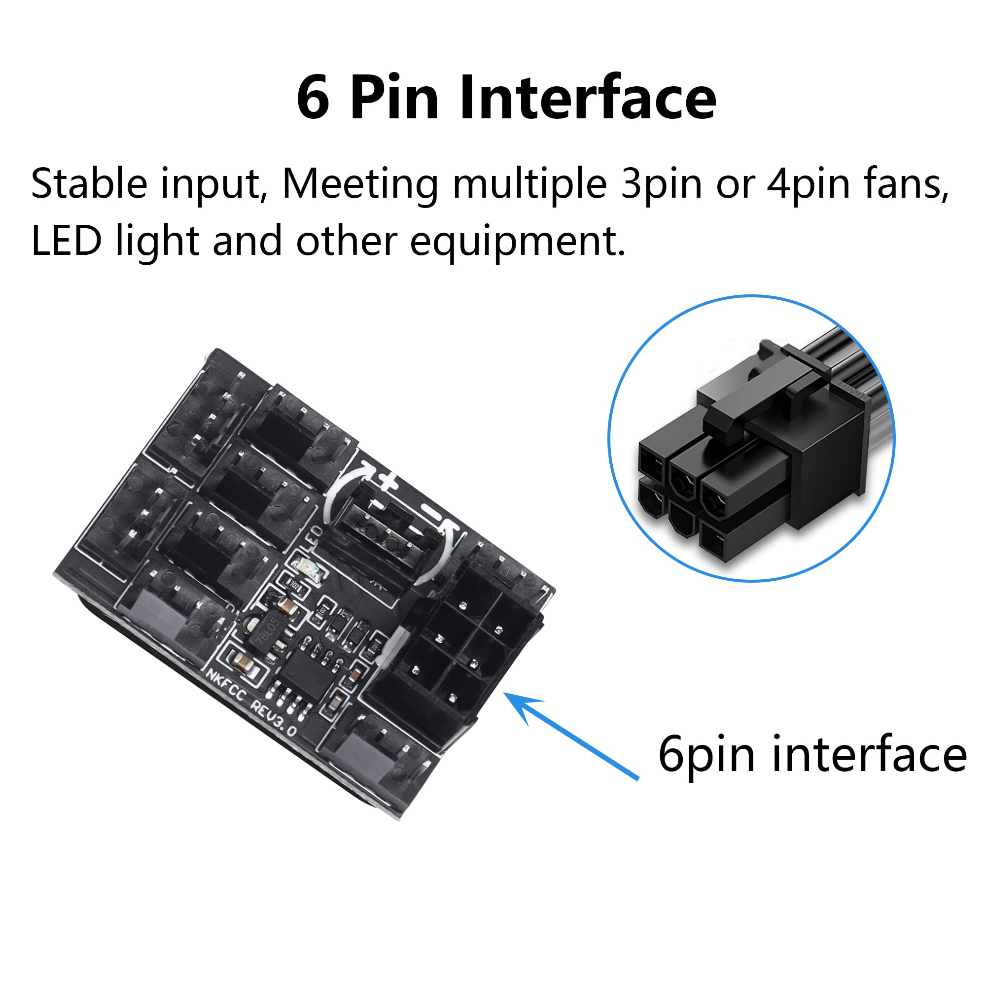 SinLoon 3 Pin 4 Pin Fan Adapter PWM PC Chassis Cooling Fan Hub,Chassis Fan Pressure Regulating Governor,8 Way Splitter 12V Speed Controller with 6 Pin Power Port(8 Way with Cable Black )