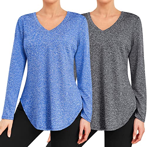 Onirace Womens Workout Cool Lightweight V Neck Athletic Shirts for Fishing Dancing Loose Fit Tee Grey/Blue