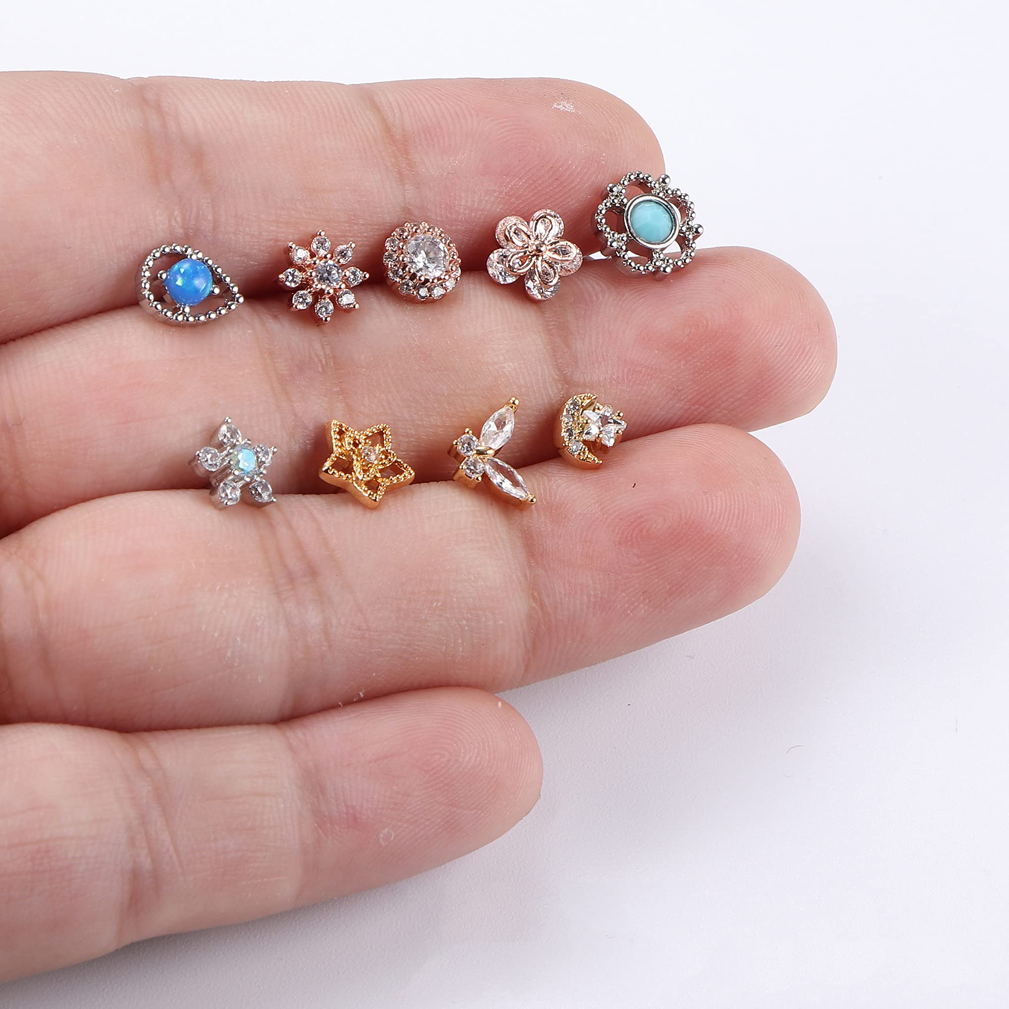 LOYALLOOK 20G Nose Ring Stud Stainless Steel Screw Nose Rings Cubic Zirconia Butterfly Opal Screw Nose Studs Flower Nose Rings Nose Piercing