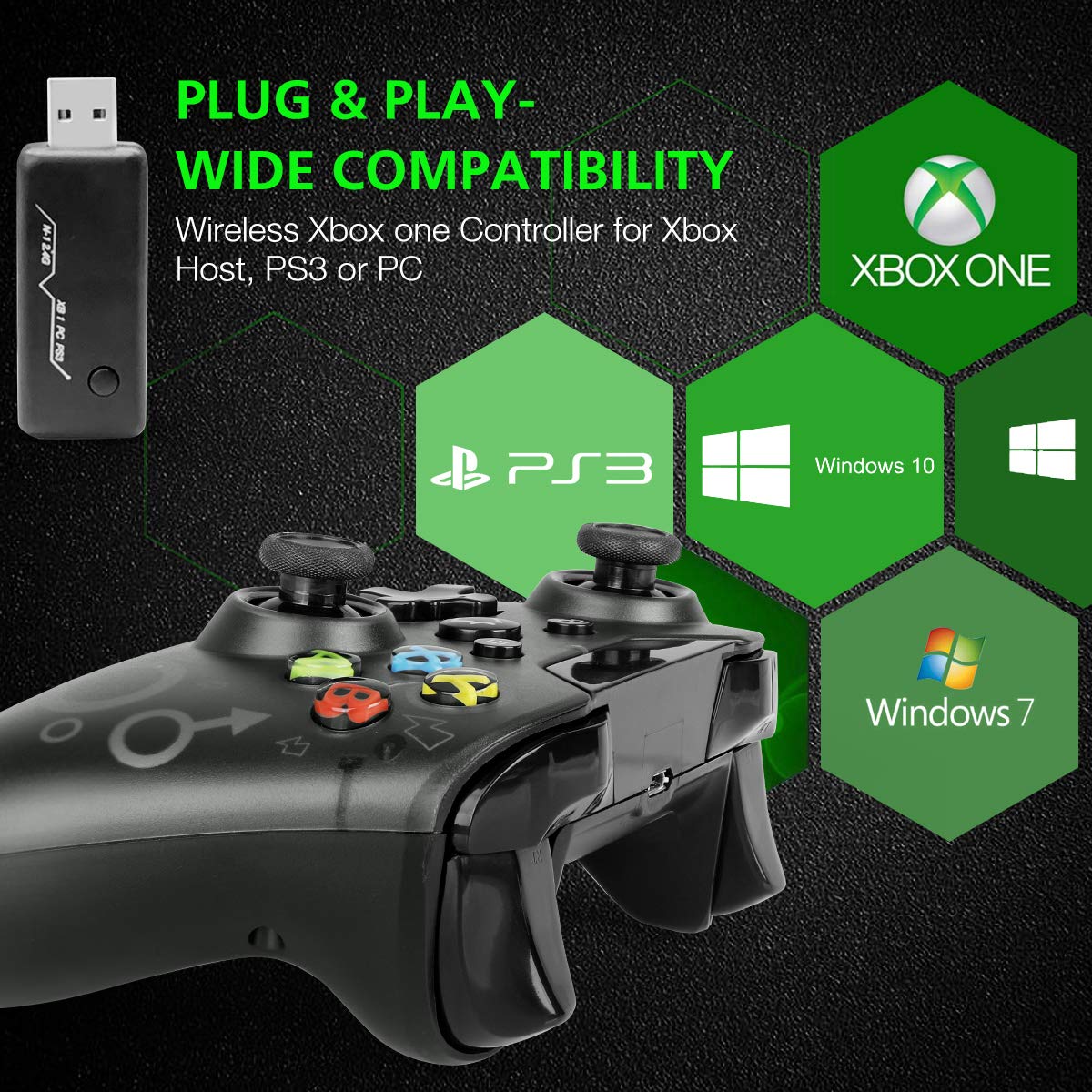 Oussirro Controller for Xbox One, 2.4GHZ Wireless Game Controller Joystick Gamepad Remote for X-Box One/P3/PC Windows 7/8/10, Dual Vibration Gaming Joypad (Black)