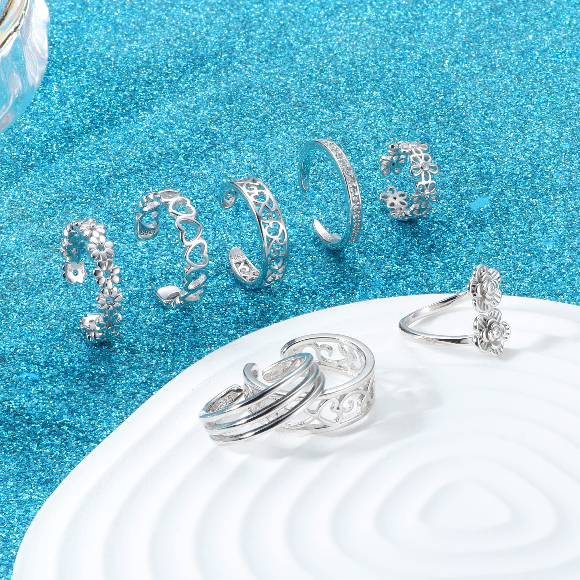 Magitaco 925 Sterling Silver Toe Ring for Women Adjustable Rings CZ Flower Heart Open Toe Rings