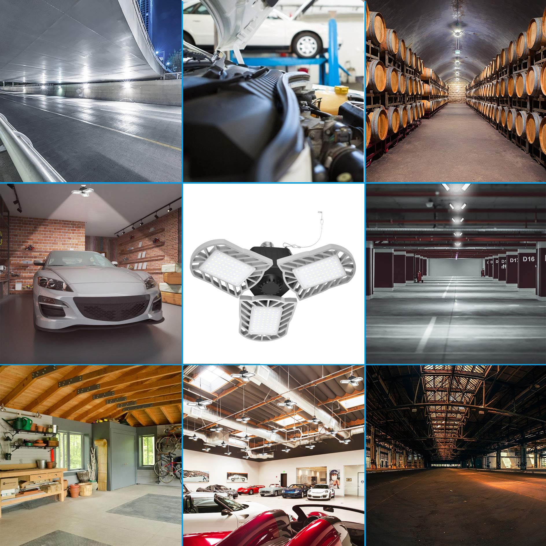 LED Garage Light - Bright Garage Ceiling Light Triple Light 6000K 6000LM E26 Deformable LED Shop Light with 3 Adjustable Aluminum Panels,Honesorn Garage Lamp for Warehouse (No Motion Activated)