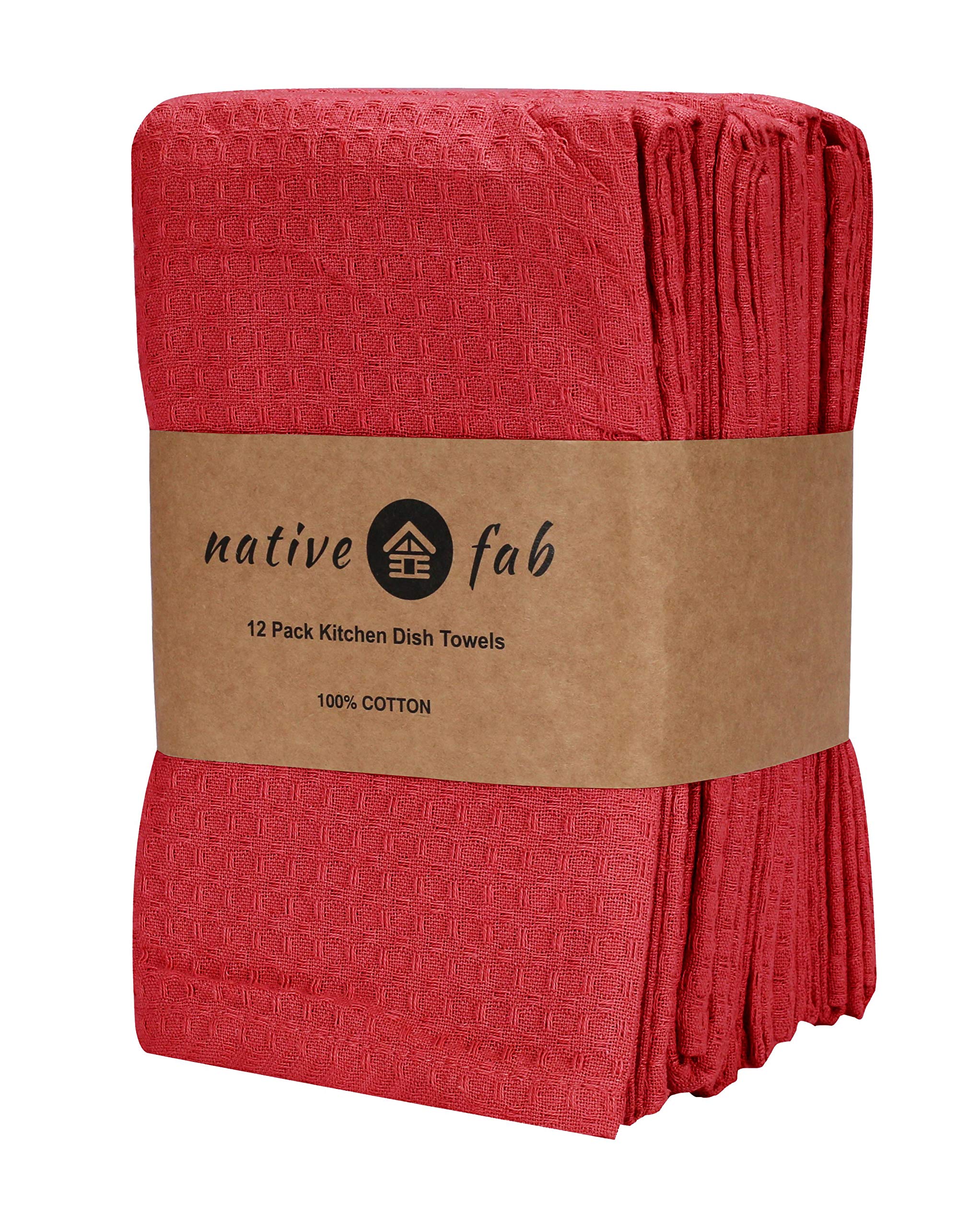 Native Fab Waffle 12 Pack 100% Cotton Kitchen Dish Towels 16x26 Absorbent Durable Washable, Tea Towels, Dish Cloths, Bar Towels, Cleaning Towels, Kitchen Towels with Hanging Loop, Red