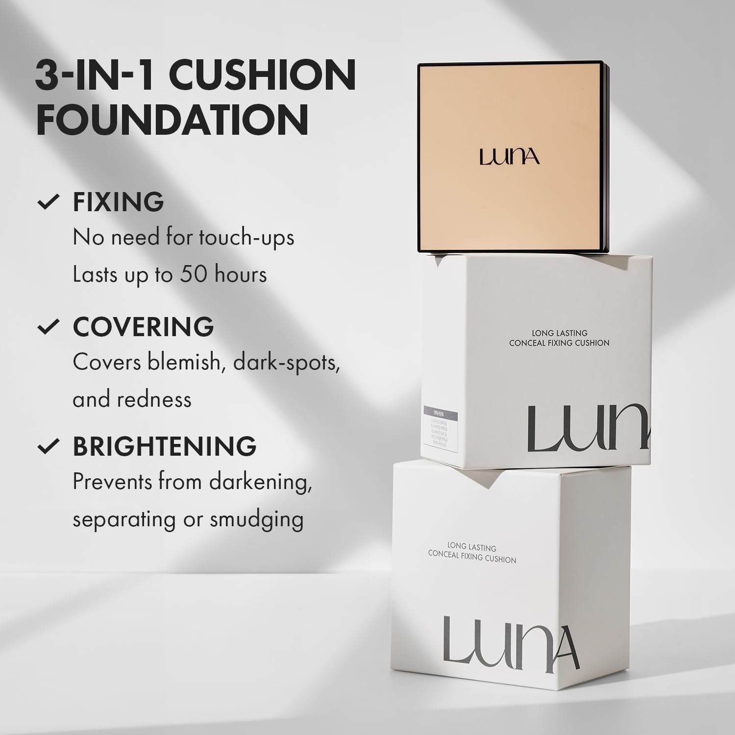 LUNA 50-Hours Conceal Fixing Cushion Foundation SPF 37 (#21 Warm Beige), Refill Included, Semi-Matte Finish, Full Coverage Korean Makeup