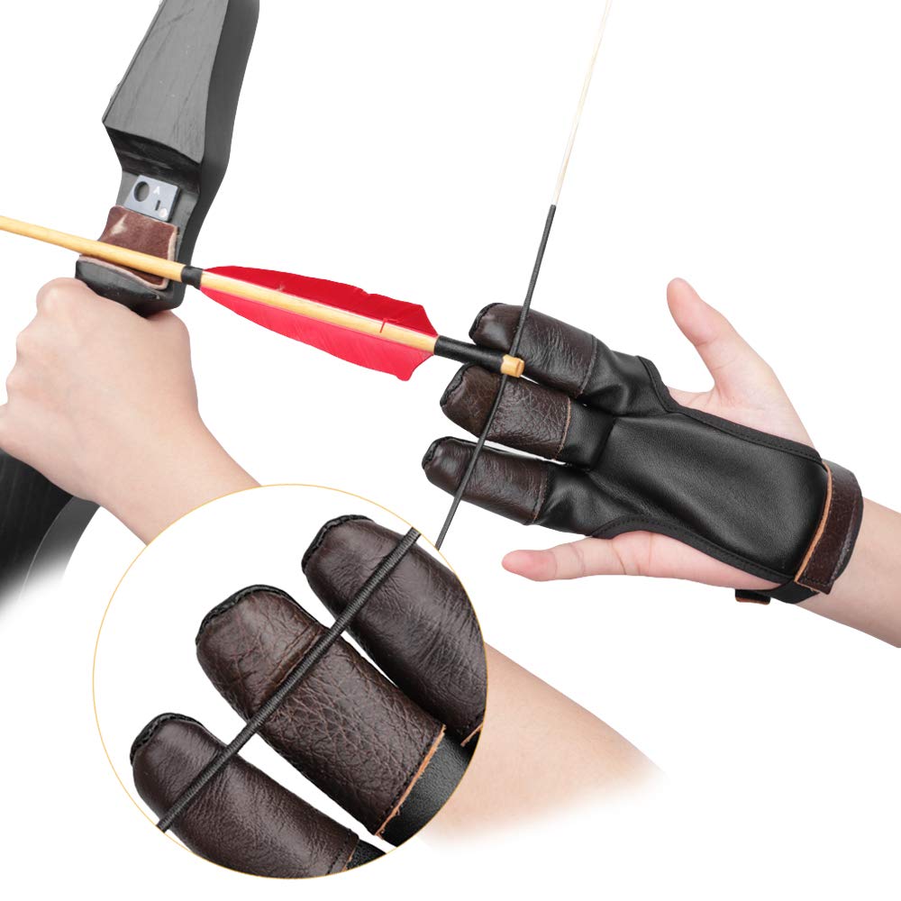 KRATARC Archery Glove Finger Protector Three Fingers Tab Leather Guard Lightweight Compact for Hunting Shooting Bow (Black, L)