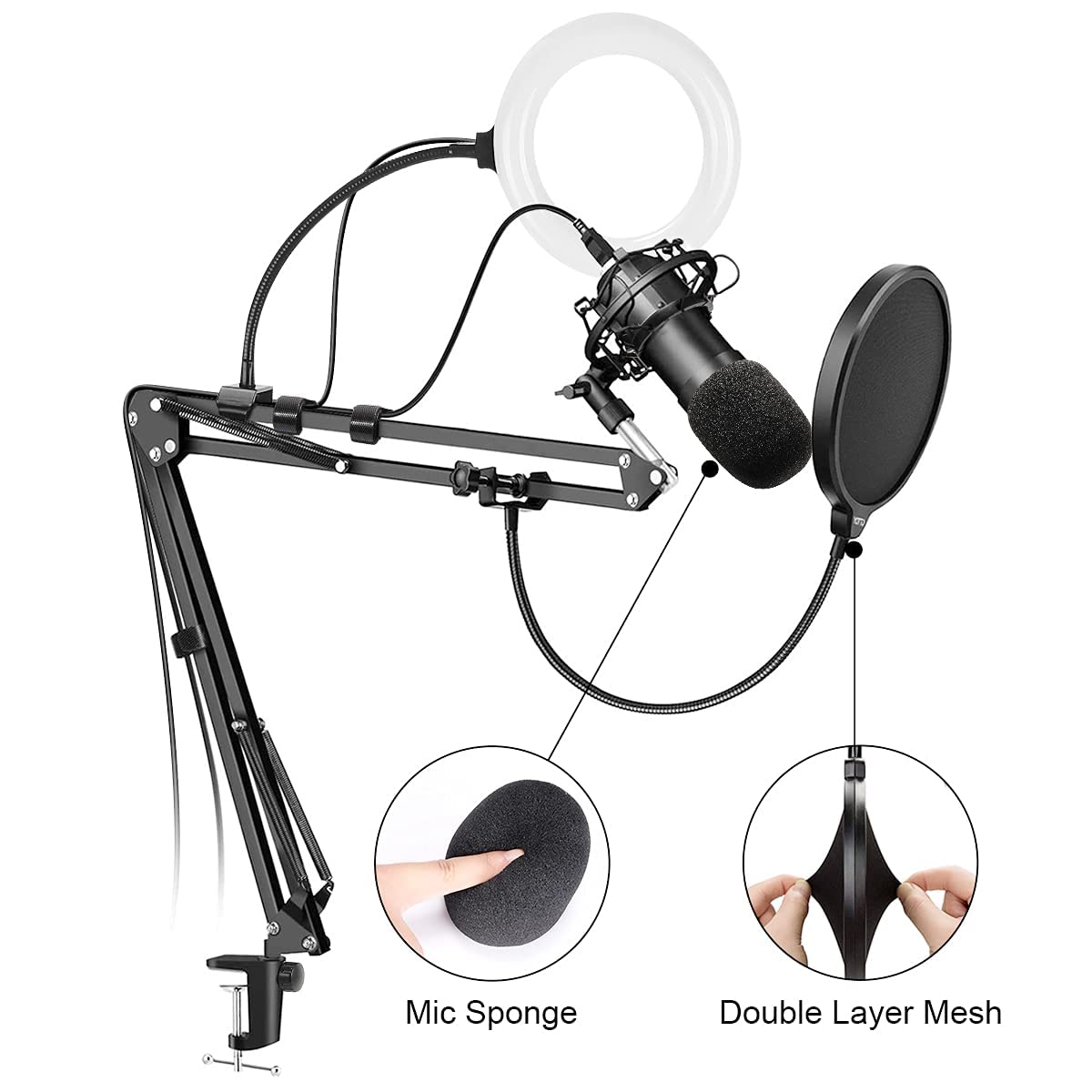 Microphone Stand, WOSTOO Mic Stand Desk Boom Arm with Fill Light Professional Microphone Boom Arm Scissor for Blue Snowball & Most Other Mics for Live Streaming Recording Singing Home Studio