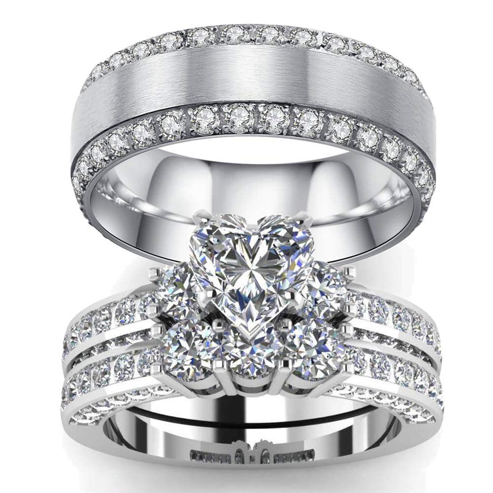 LOVERSRING 3pc His and Hers Couple Ring Bridal Set His Hers Women White Gold Filled Heart Cz Man Titanium Wedding Ring Band Set