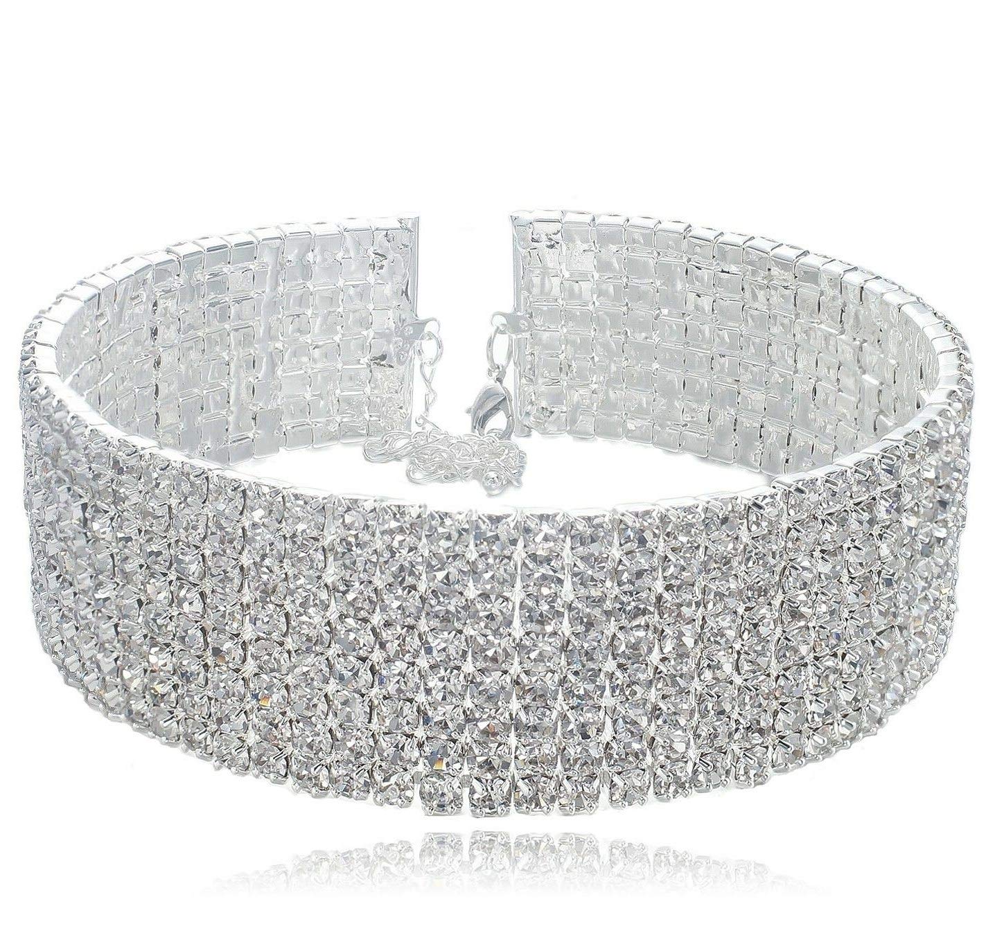 Janefashions 8-row Eight Rows Clear White Austrian Rhinestone Crystal Choker Necklace Collar Dance Party Wedding N077s Silver