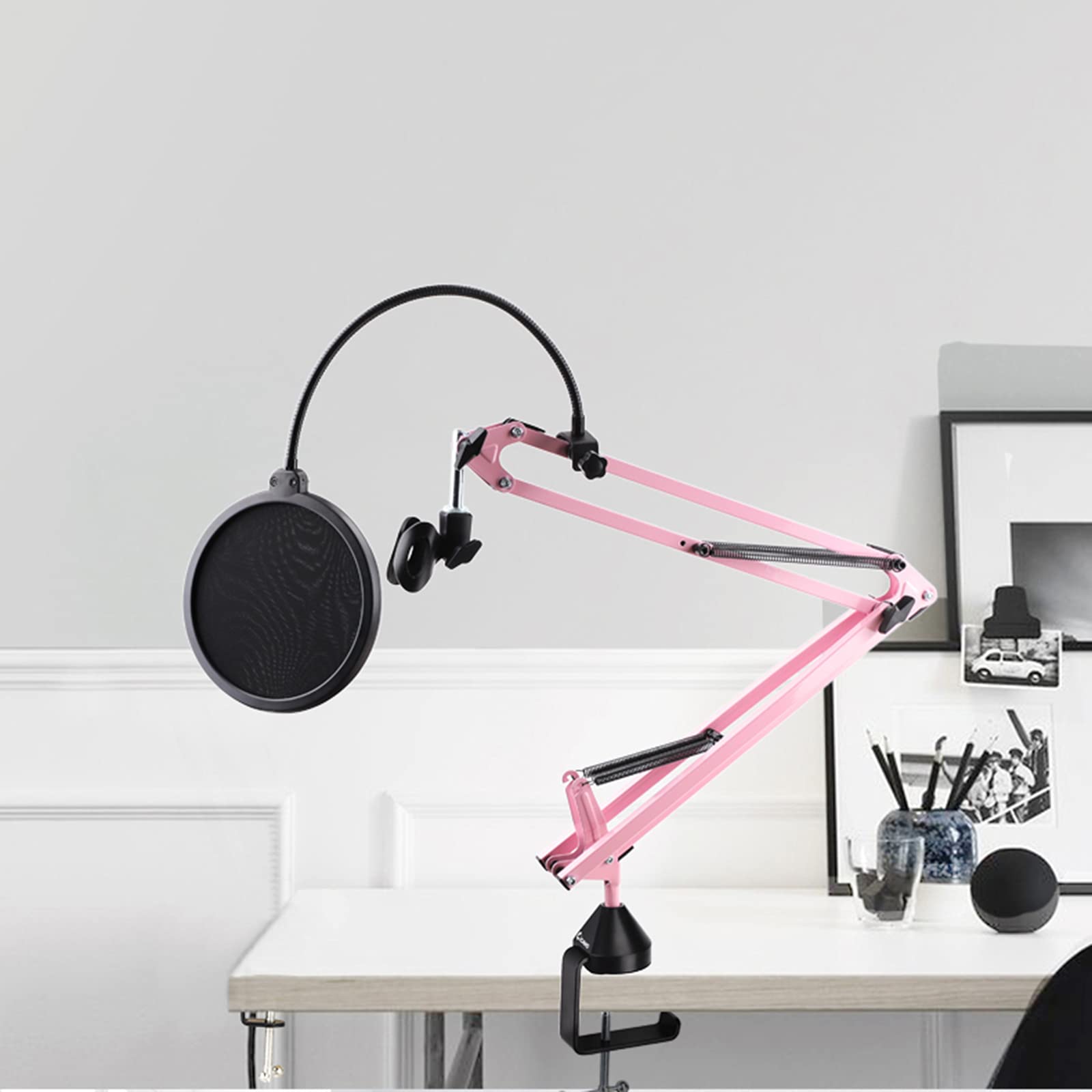 Microphone Stand, Cicano Mic Boom Arm Suspension Scissor with Shock Mount, Mic Clip Holder Upgraded Desk Clamp for Blue Yeti Snowball Ice and Other Mics Pink