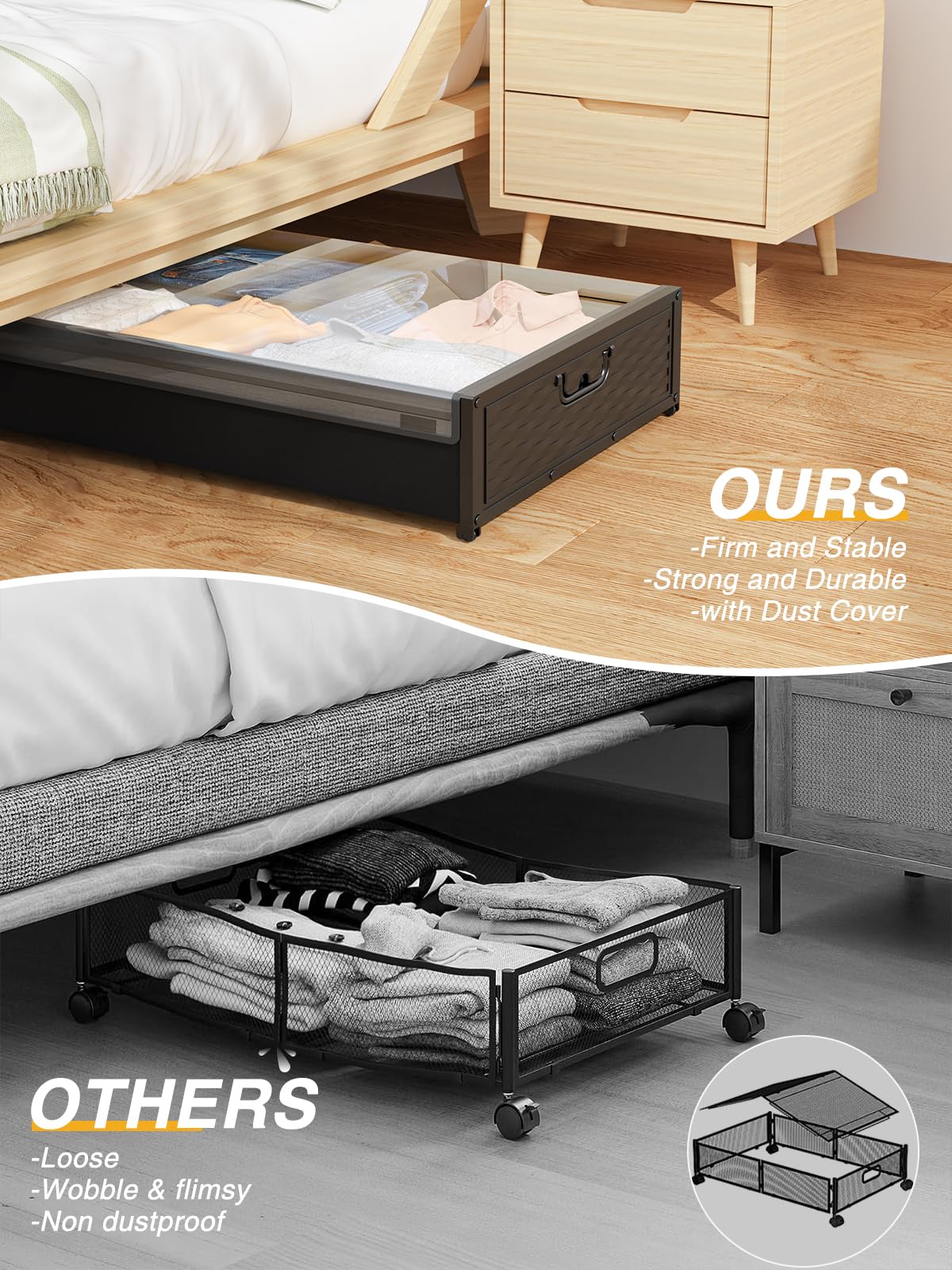 LEHOM Under Bed Storage with Wheels, Plastic Underbed Bins with Sturdy Metal Tubes Rolling Under Bed Drawer Storage Container with Window and Handle for Bedding, Clothes, Blanket, Shoes, 2 Packs