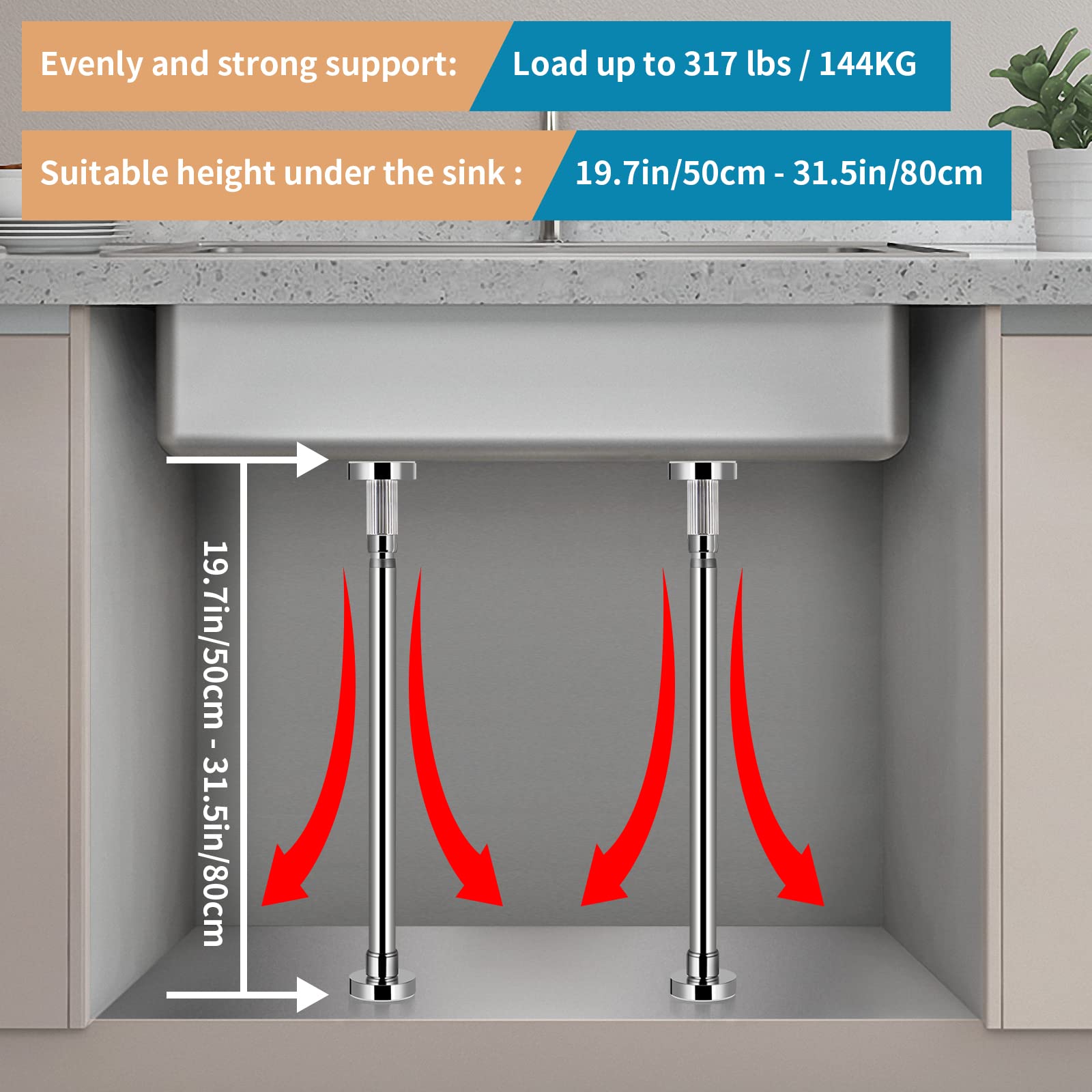 Sanbege 2 Pcs Undermount Sink Brackets Adjustable, Stainless Steel Sink Support Legs, Drill Free Sink Installation and Repair Kit System for Kitchen, Bathroom (19.7"-31.5")