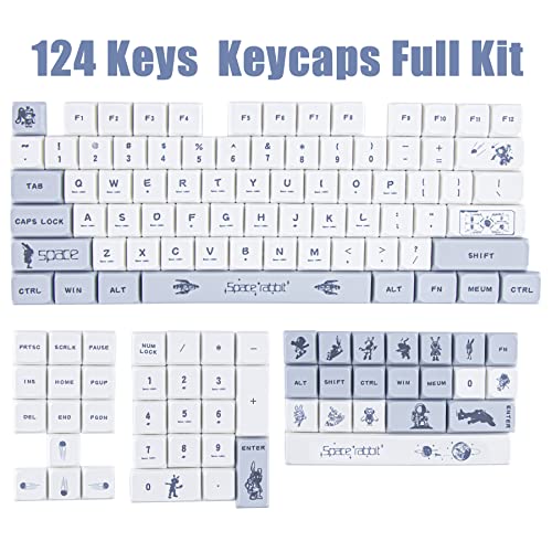UniCusMech Custom PBT Low Shaft keycaps 124 Keys Dye Sublimation ANSI Layout Keycap for Mechanical Gaming Keyboard Gateron Cherry MX Switches(Space Rabbit)
