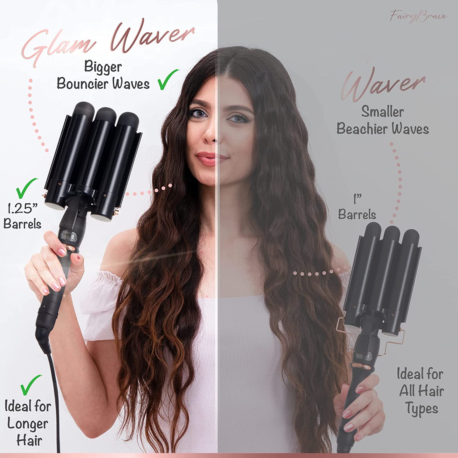 Large 3 Barrel Curling Iron, Triple Hair Waver & Crimper Wand for Beach Waves, Ceramic Tourmaline with Adjustable Temperature - Glam Waver, Black