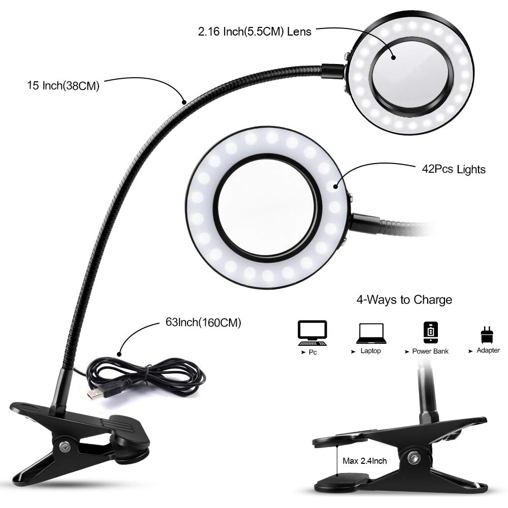 LED Magnifying Light Desk lamp, Ruboss 3X Magnifier Desk Light with clamp lamp, 3 Color Modes, Infinite Brightness Adjustable Desk Light, Adjustable Arm Desk Lamp for Reading Rework Craft