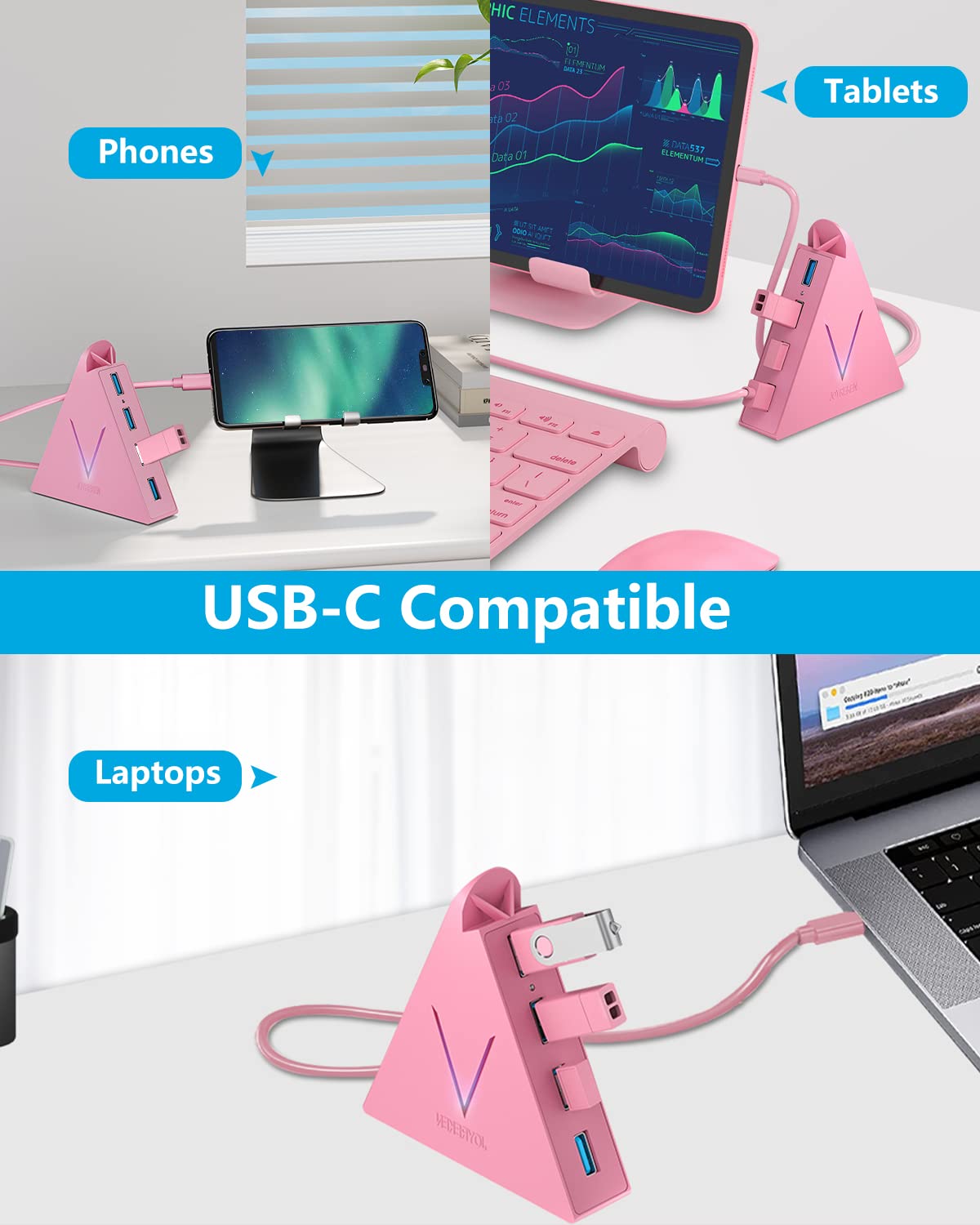 USB C Hub 4 Ports, JoyReken USB C to USB Hub with 4 USB 3.0 Ports for MacBook Pro/Air 2020/2019,iPad Pro,Chromebook,XPS,Galaxy S21 S20, and More (Pink)