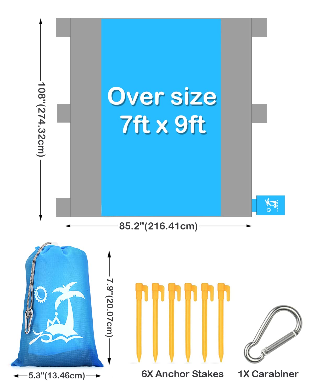 POPCHOSE Beach Blanket, Sandfree Beach Mat 108"x85.2"/83"x78" for 7 Persons, Extra Large Beach Blanket Waterproof Sandproof with 6 Stakes, Easy to Clean, Lightweight Compact Beach Accessories