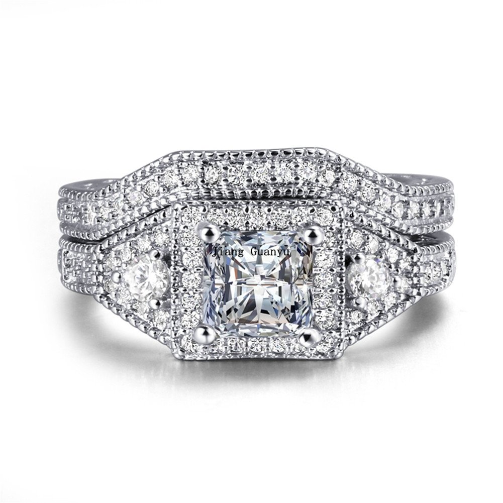 LOVERSRING Couple Ring Bridal Sets His Hers 10k White Gold Plated White AAA Cz Wedding Engagement Ring Band Set
