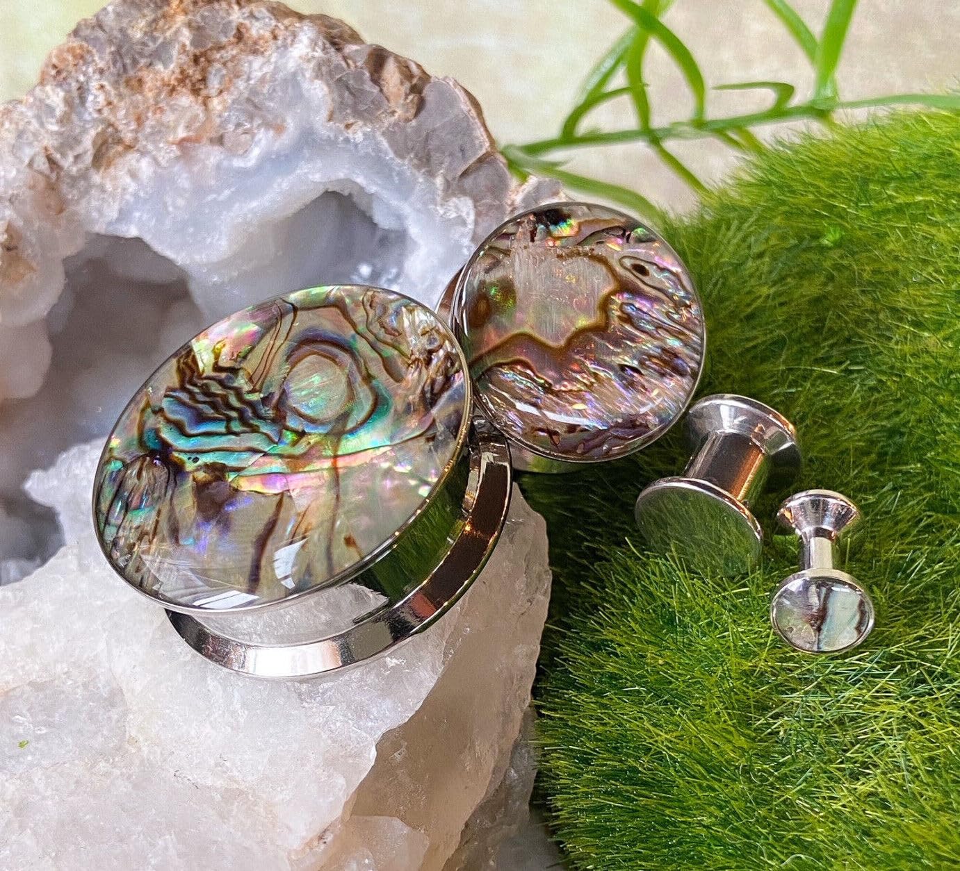 Lobal Domination PAIR Abalone Inlay Steel Screw Fit Plugs Tunnels Earlets Gauges Pierced Body Jewelry (6g (4mm))