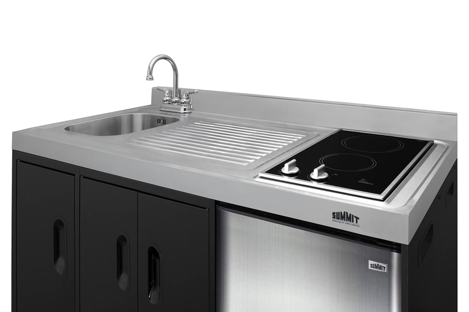Summit Appliance CK54SINKL 54 Wide All-In-One Kitchenette, Stainless Steel Sink and Faucet, 2-door Refrigerator-freezer, 2-burner Smooth-top Cooktop, Storage Compartments, 115V Operation, Black