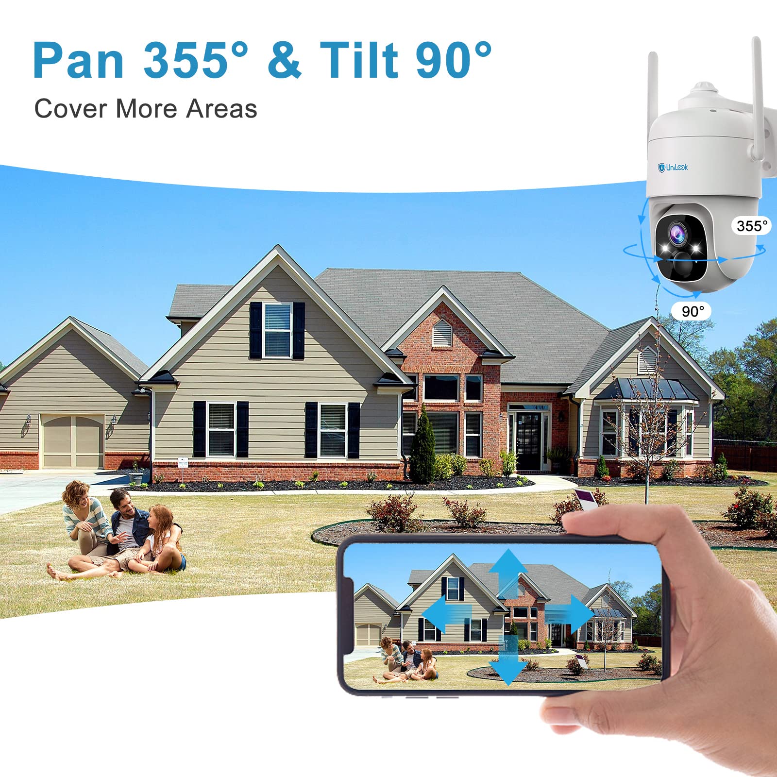 UNILOOK 2K Wireless Security Camera PTZ 360° Outdoor Solar Camera with 3MP Color Night Vision, AI Motion Detection IP66 Waterproof, 2-Way Talk, 2.4G WiFi, SD Storage,Whtie