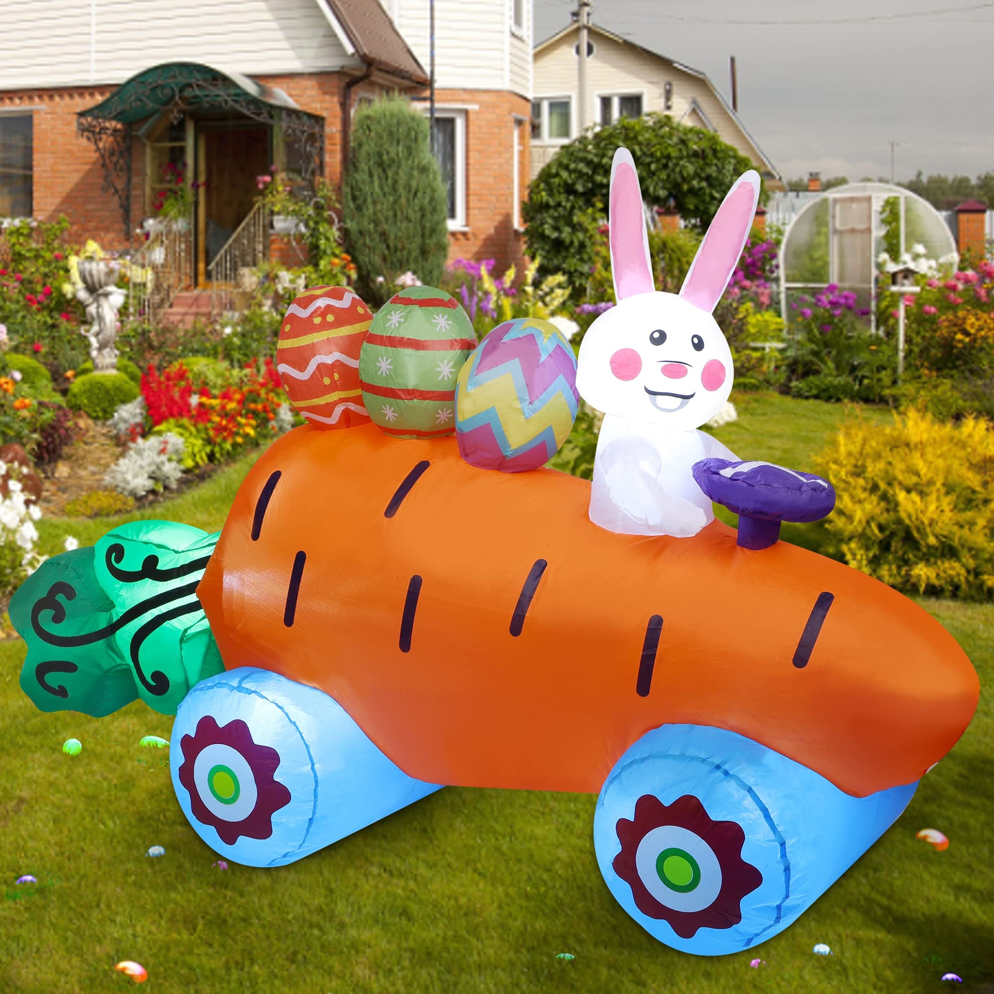 Sancodee 6 FT Long Easter Inflatable Bunny on Carrot Cart with Easter Eggs, Easter Blow up Yard Decorations for Indoor Outdoor Garden Lawn Holiday Party Decor