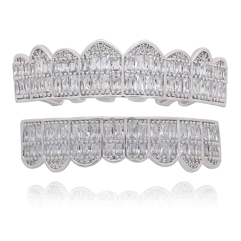 LuReen Gold Teeth Grillz Square Pave CZ 8 Teeth Top Bottom Man Women Grillz Diamonds Grillz+ 2 Extra Molding Bars for Halloween Costume Cosplay