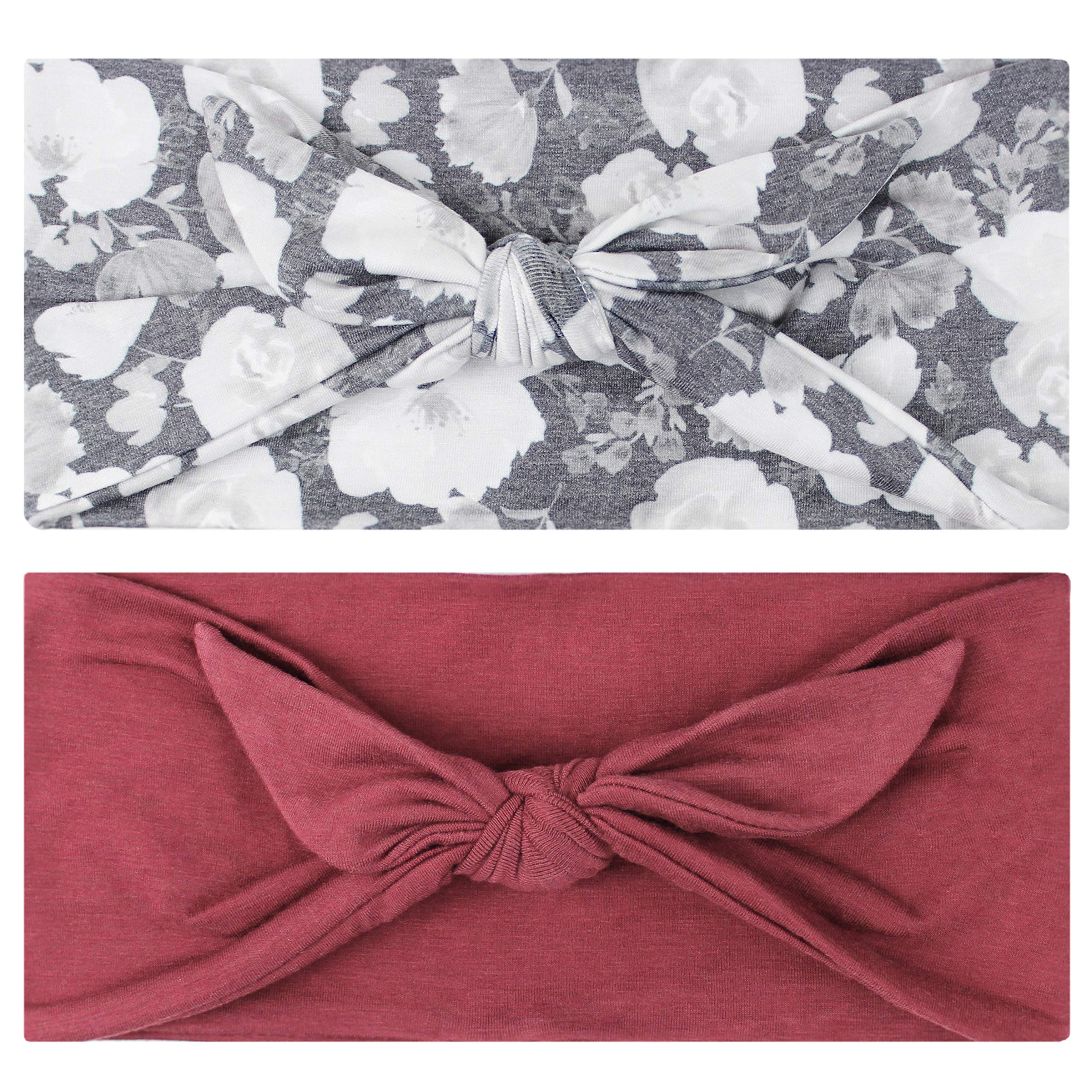 Maven Thread Women's No-Slip Sweat-Wicking Bow Headbands for Exercise and Yoga, 2-Pack, Mauve Solid and B&W Floral (Willow)