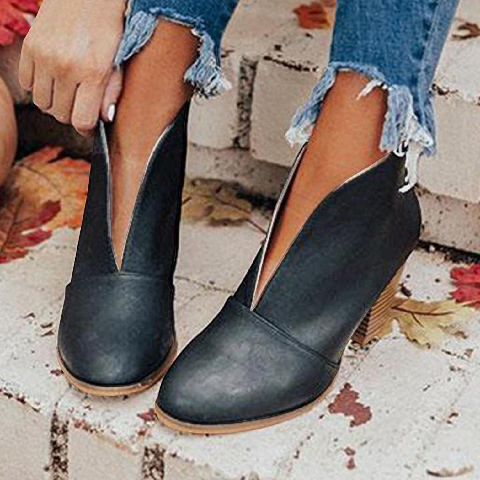 NOLDARES Boots for Women Low Heel V Cutout Ankle Boots Leather Winter Warm Stacked Chunky Heel Short Booties, Black, 7.5