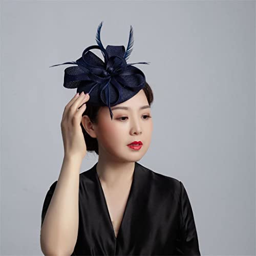 Navy Blue with Feathers Wedding Races Special Occasion Hat Church Headwear Navy Blue