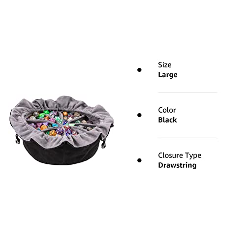 Large DND Dice Drawstring Bags with Pockets Black Storage Bag for RPG MTG Game Dices Capacity Over 300 Dice