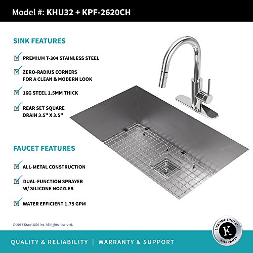 Kraus KHU32-2620-41CH 31 ½ Inch Chrome Combo with Pax Zero-Radius Handmade Undermount Bowl 16 Gauge Stainless Steel Sink and Oletto Single Handle Pull Down Kitchen Faucet with Soap Dispenser