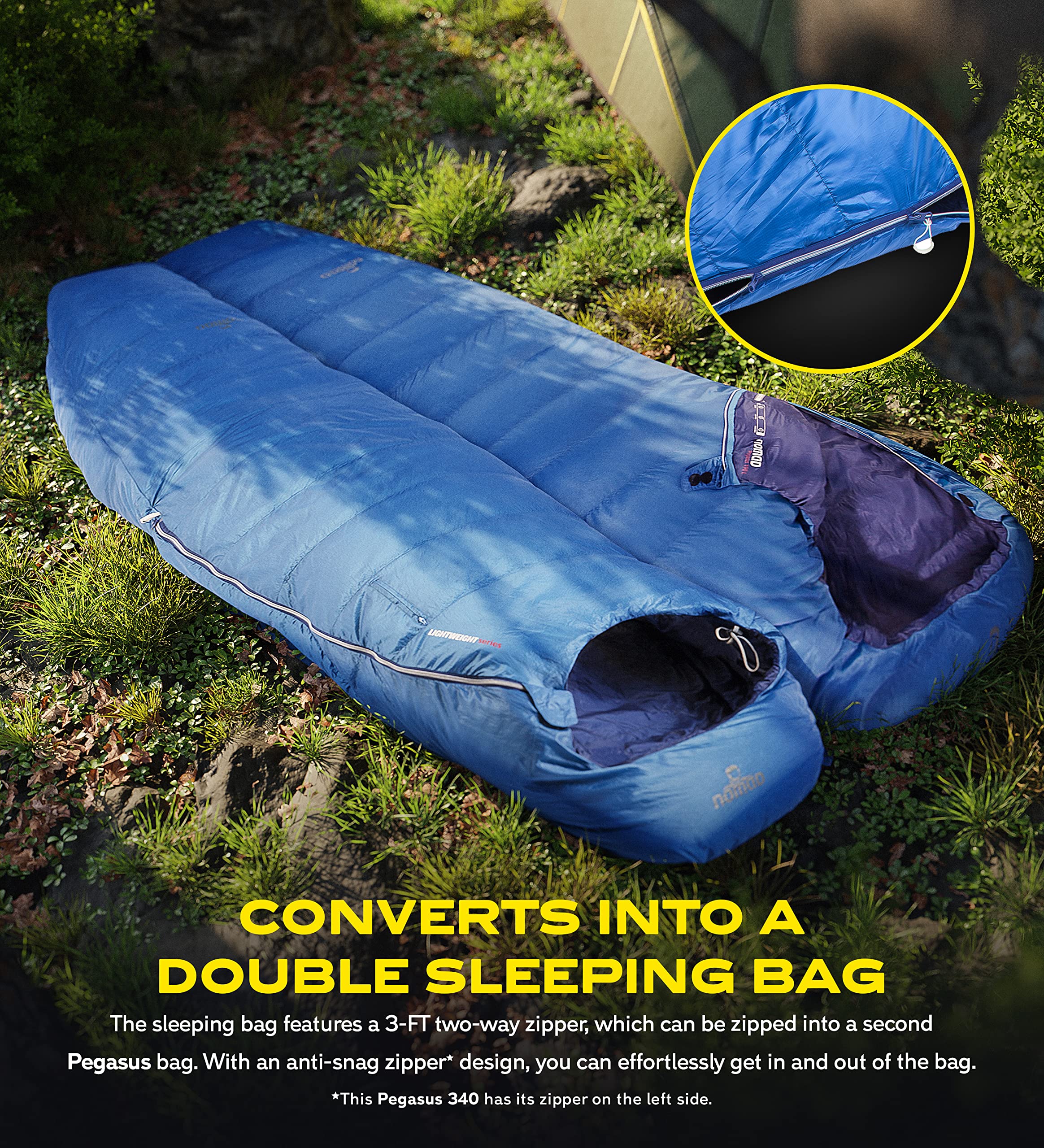 NOMAD Pegasus 340 Mummy Sleeping Bag for 3 Seasons - Water-Resistant and Lightweight Sleep Sack with Compression Stuffsack and Mesh Storage Bag for Hikers, Campers, and Backpackers (Deep Sky)