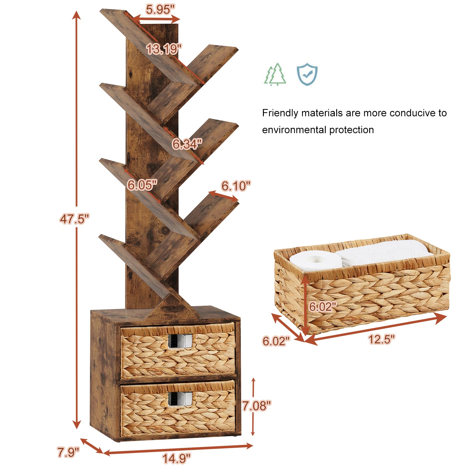 Vagusicc 6 Tier Tree Bookshelf, Modern Floor Standing Bookcase with Storage Drawer, Space Saving Storage Organizer Book Shelves for Books, Tall Wood Storage Rack for Bedroom/Living Room/Home Office
