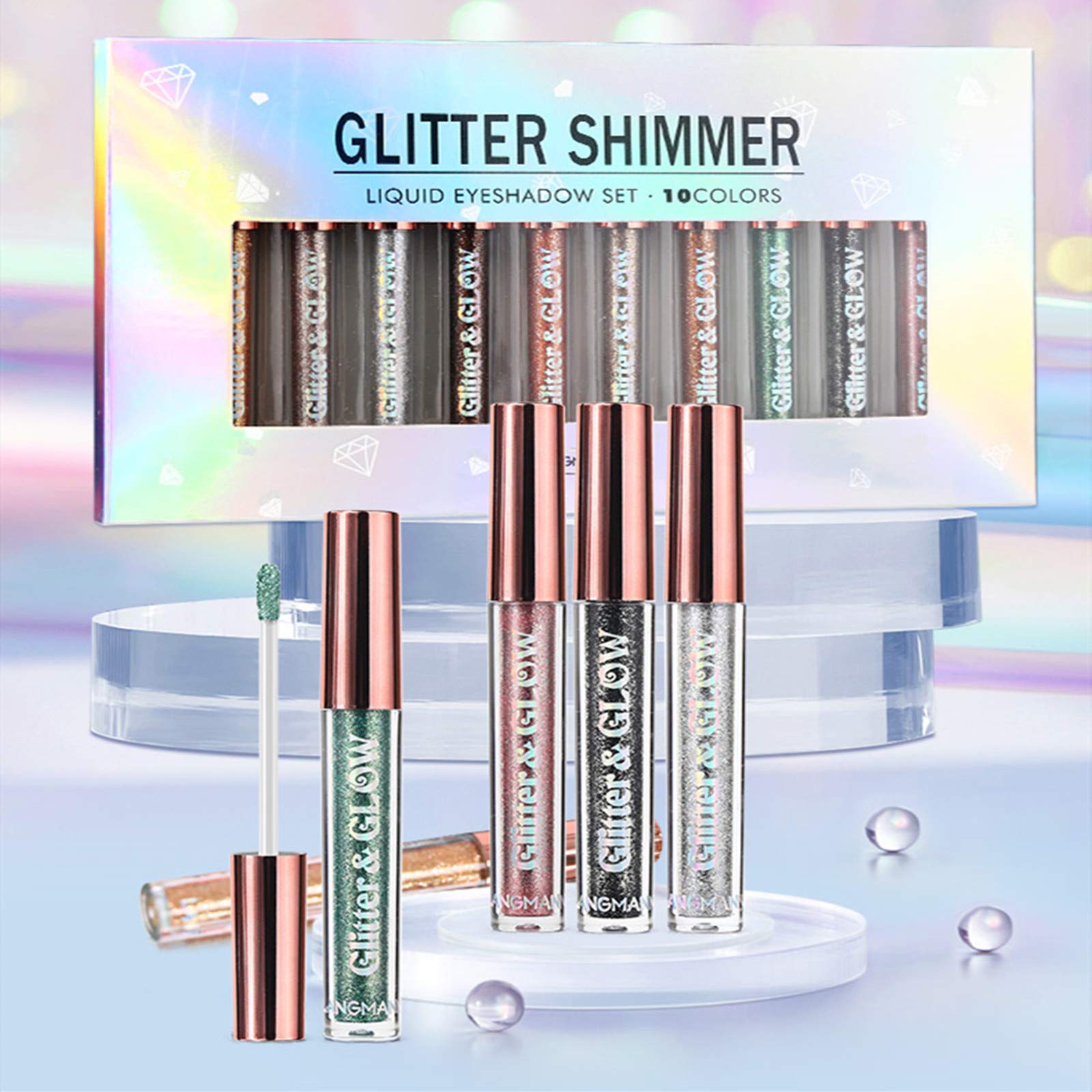 Langmanni 10PCS Liquid Eyeshadow, Shimmer Glitter Liquid Eye Shadow Set Waterproof Long Lasting Metals Sparkling Eyes Makeup Liquid Eyeshadow for Party Wedding Festival or Daily Makeup