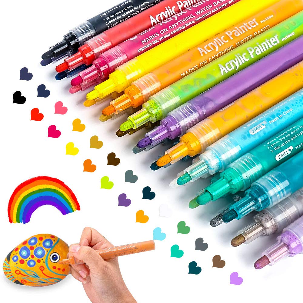 JR.WHITE Paint Markers Pens Acrylic Pen, 24 Colors Acrylic Paint Pens Medium Tip for Rocks, Stone, Ceramic, Glass, Wood, Canvas Painting, Paint Marker for Kids Adults Art and Craft Making Supplies