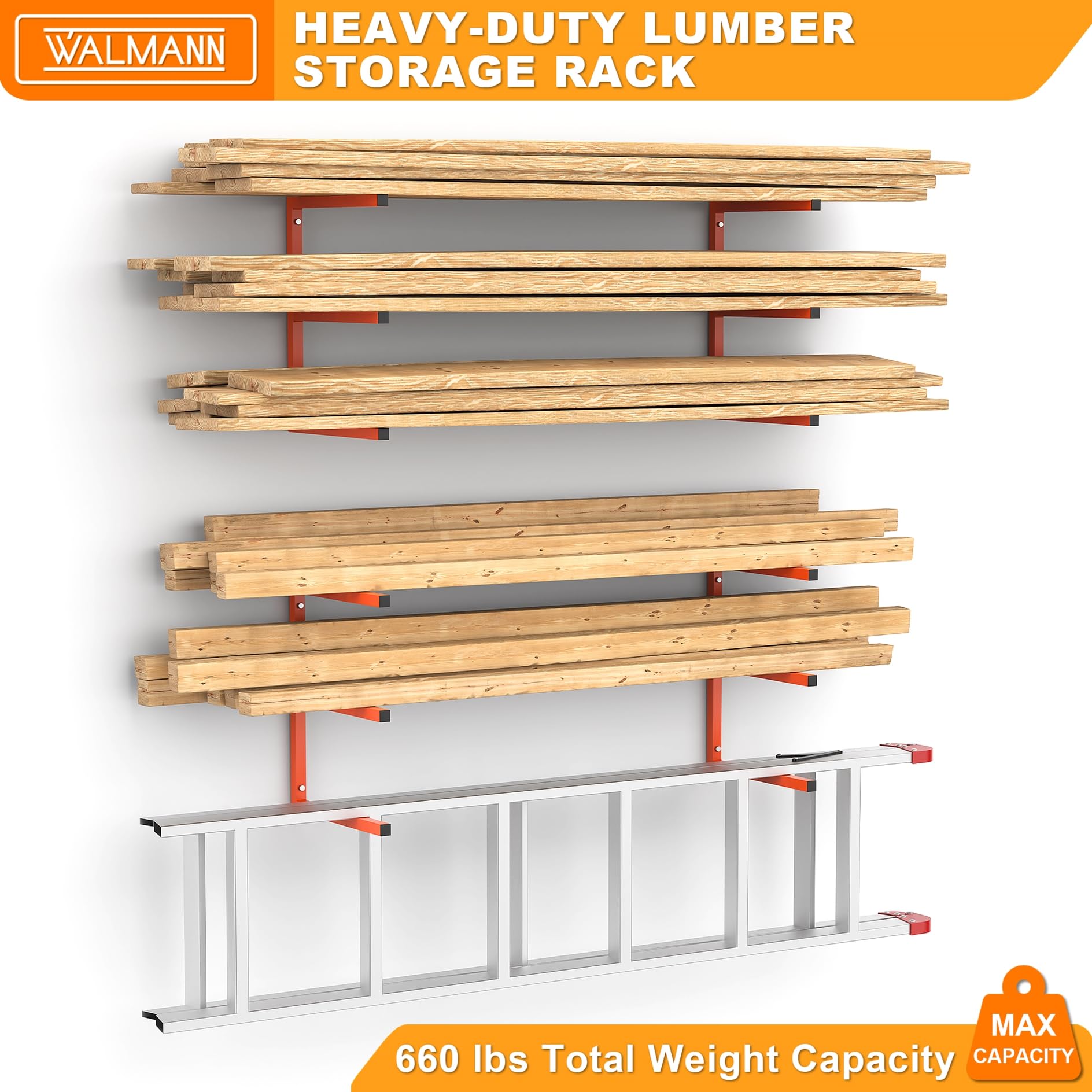 WALMANN Garage Wall Mounted Lumber Storage Rack, Overhead Heavy Duty Lumber Rack for Woodworking Shop(2 Pairs)