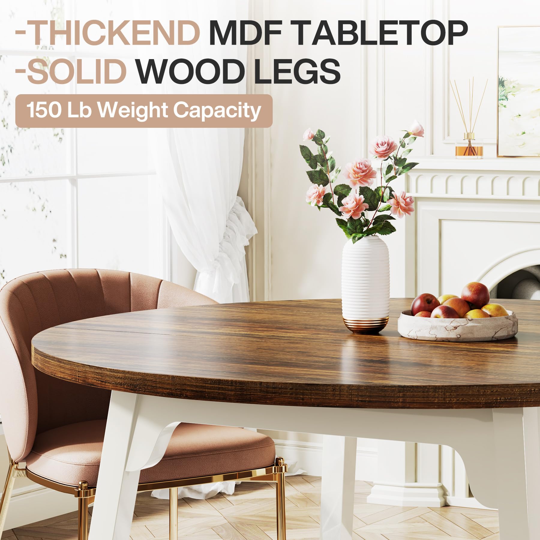 Tribesigns Round Dining Table for 4-6 People, 47-Inch Farmhouse Dinning Room Table Circle Kitchen Table, Industrial Dinner Table with Solid Wood Legs for Kitchen, Living Room, White and Brown