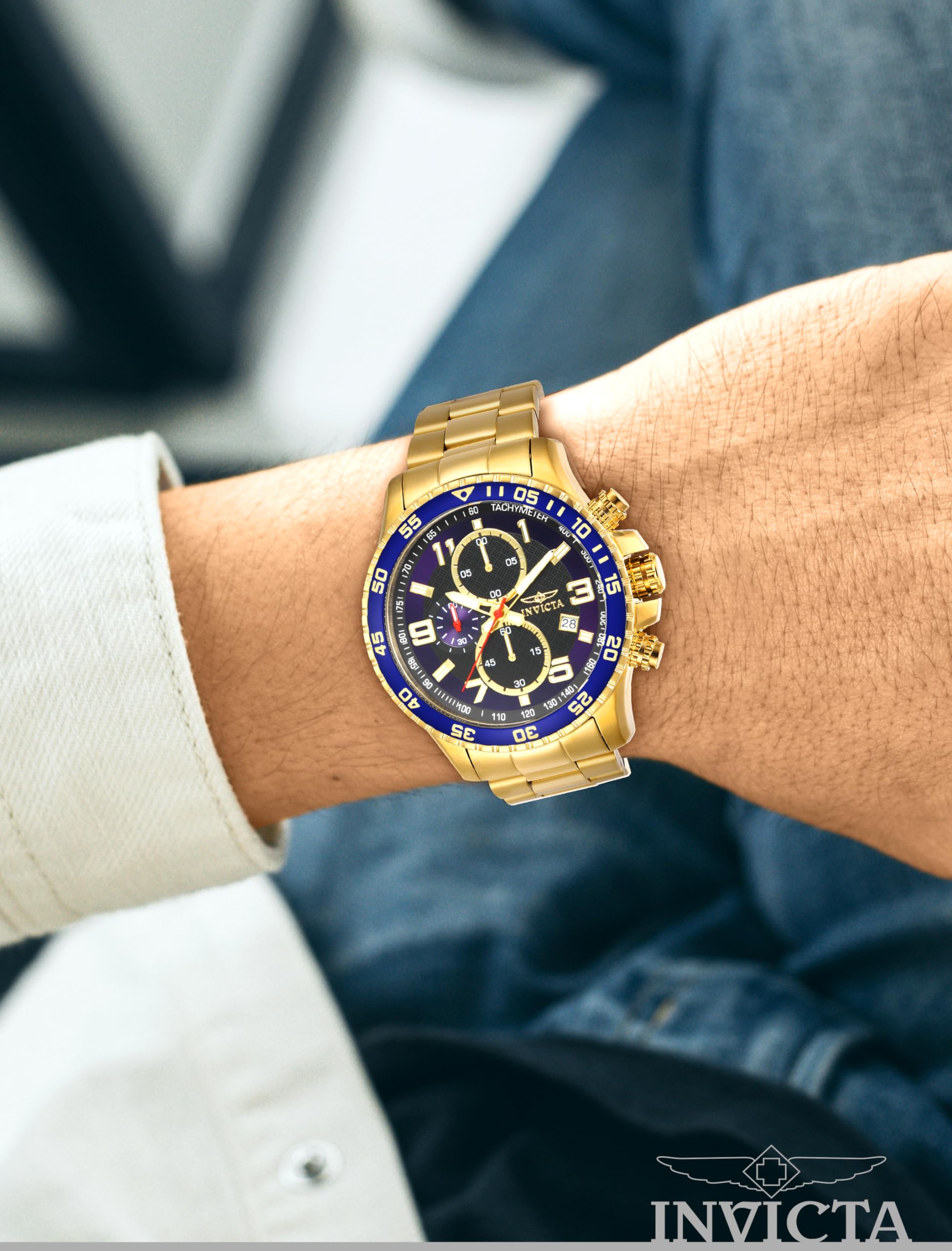 Invicta Men's 14878 Specialty Chronograph Dark Blue Textured Dial Gold Ion-Plated Stainless Steel Watch