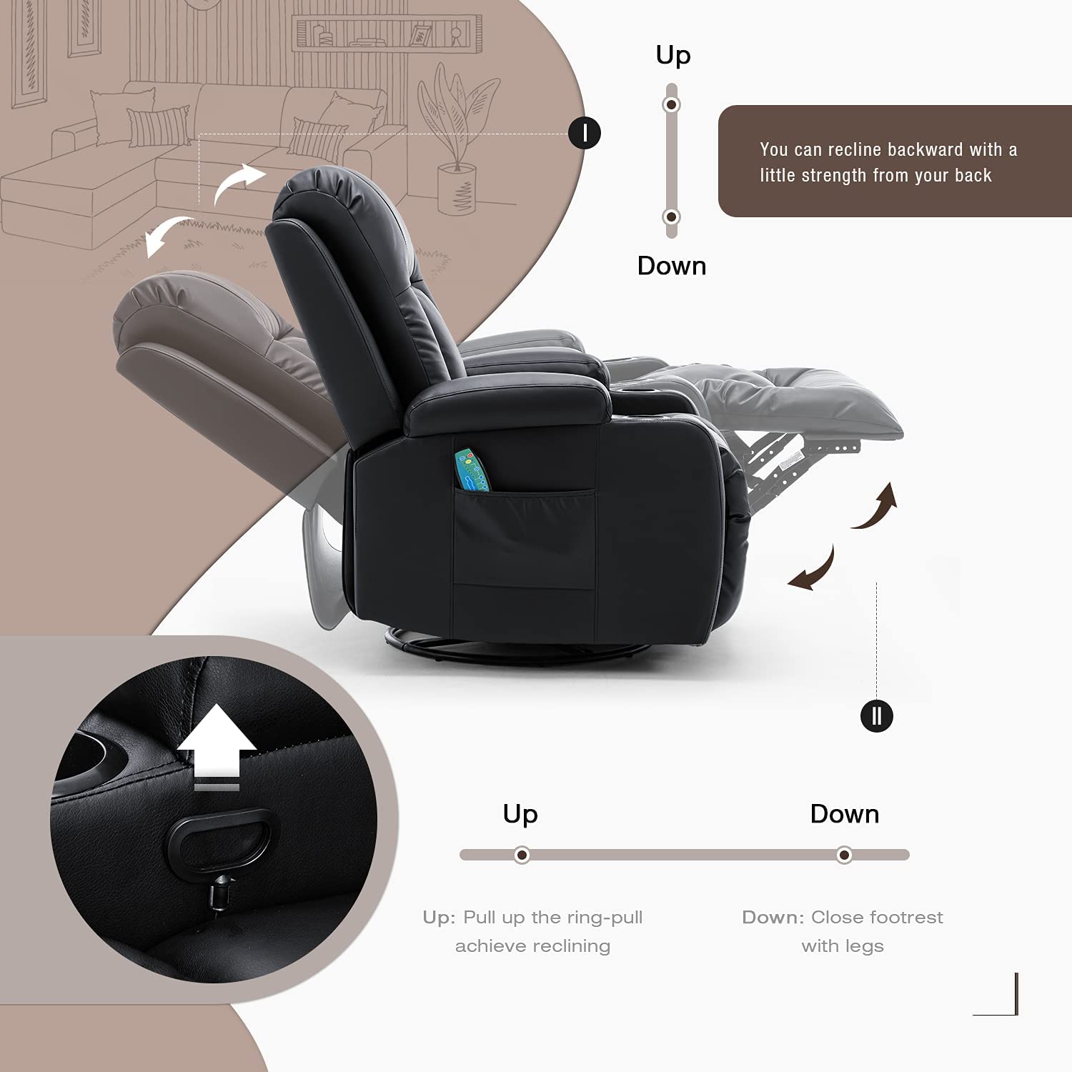 JOMEED Massage Rocking Recliner Chair with Heated 360 Degree Swivel PU Leather Recliner Sofa with Cup Holders for Living Room, Vibration