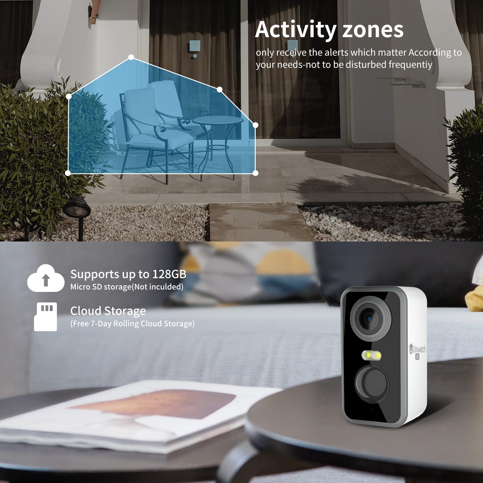 uniwatch Wireless Cameras Security Outdoor, 2K Battery Powered AI Motion Petection Spotlight Siren Alarm Home Surveillance Camera, 2-Way Audio, Color Night Vision, IP65 Waterproof, Cloud/SD Storage